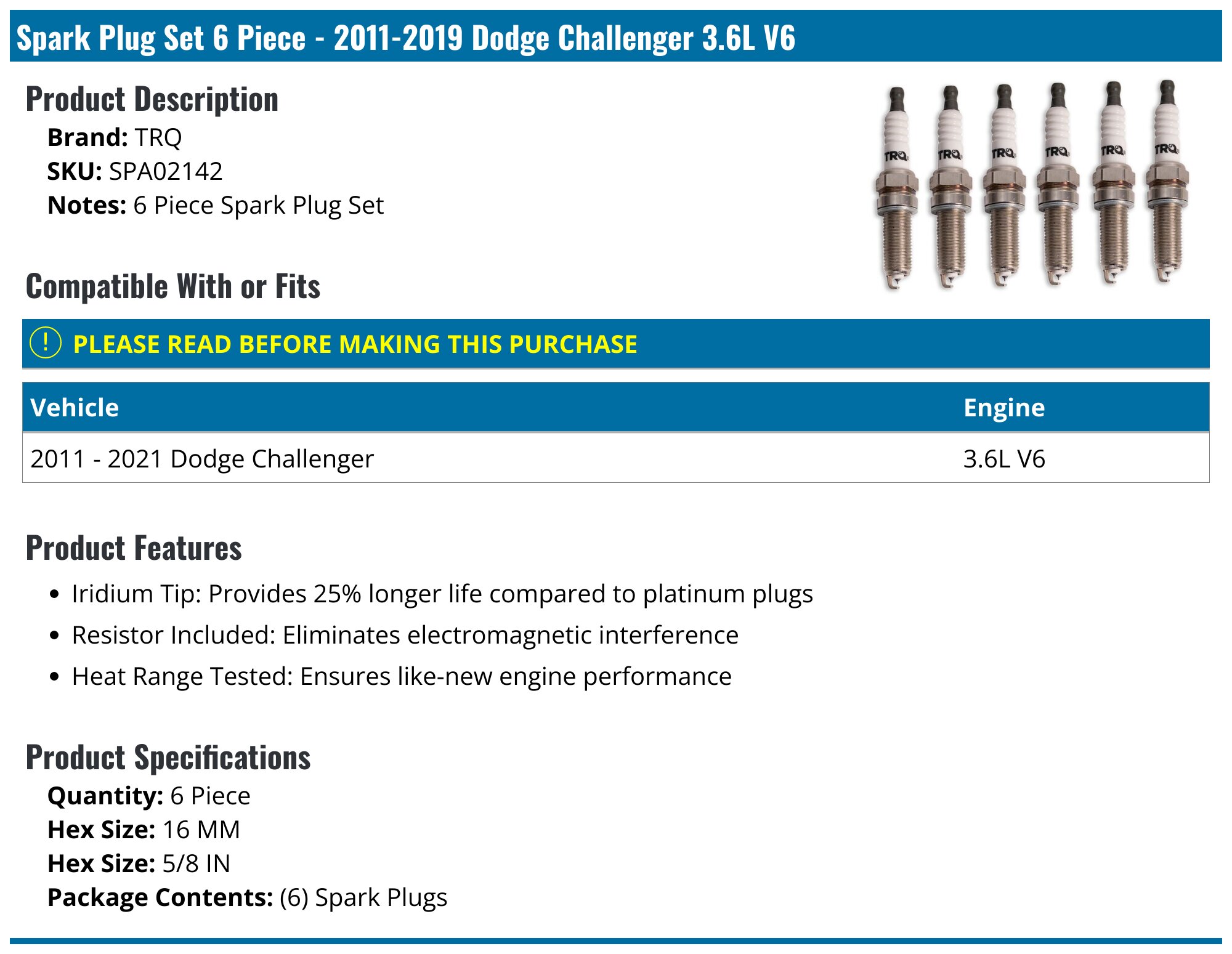 2011-2022 Dodge Challenger Spark Plug - TRQ SPA02142 - PartsGeek.com