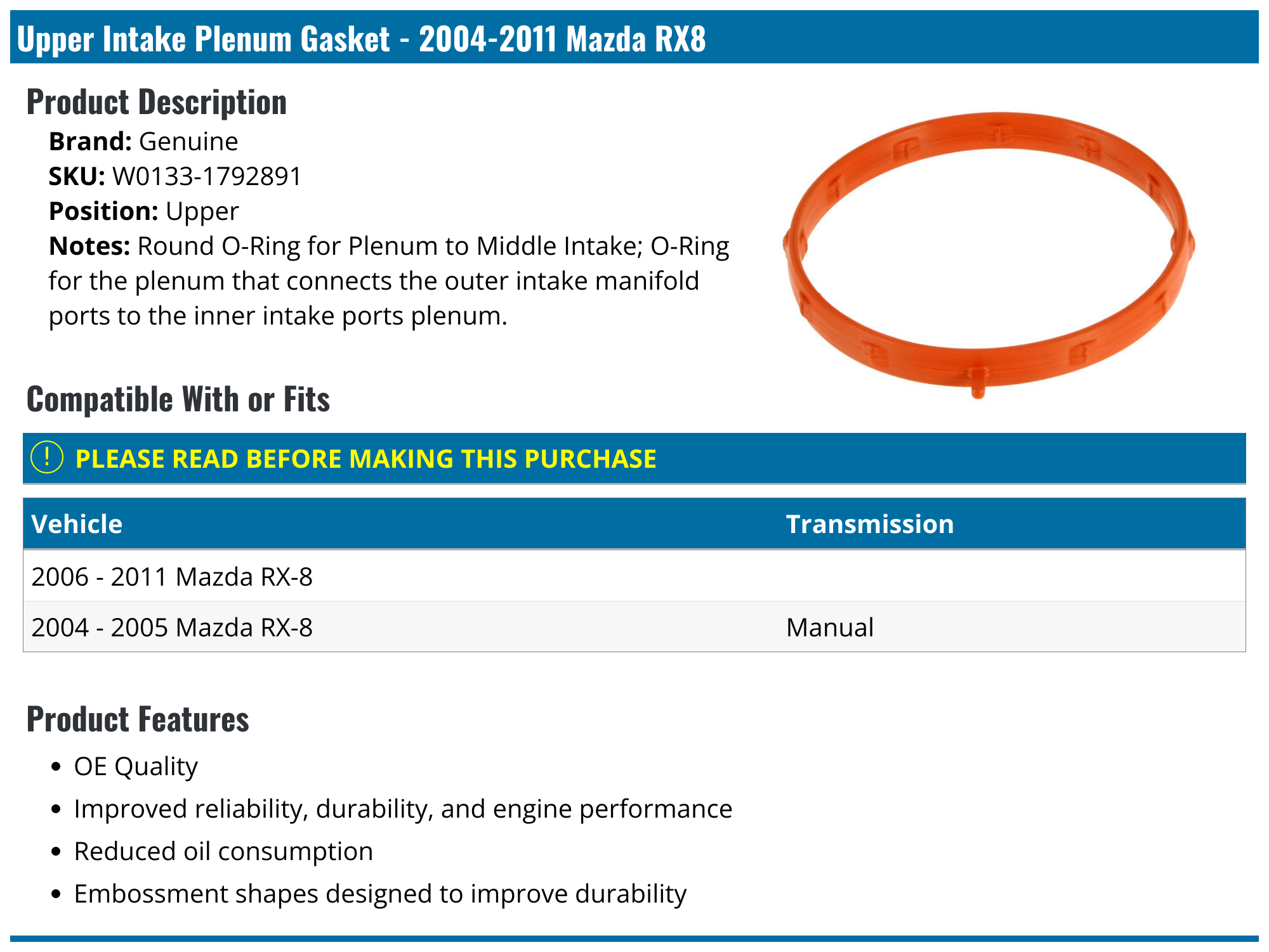 2004-2011 Mazda RX8 Intake Plenum Gasket - Genuine W0133-1792891 ...