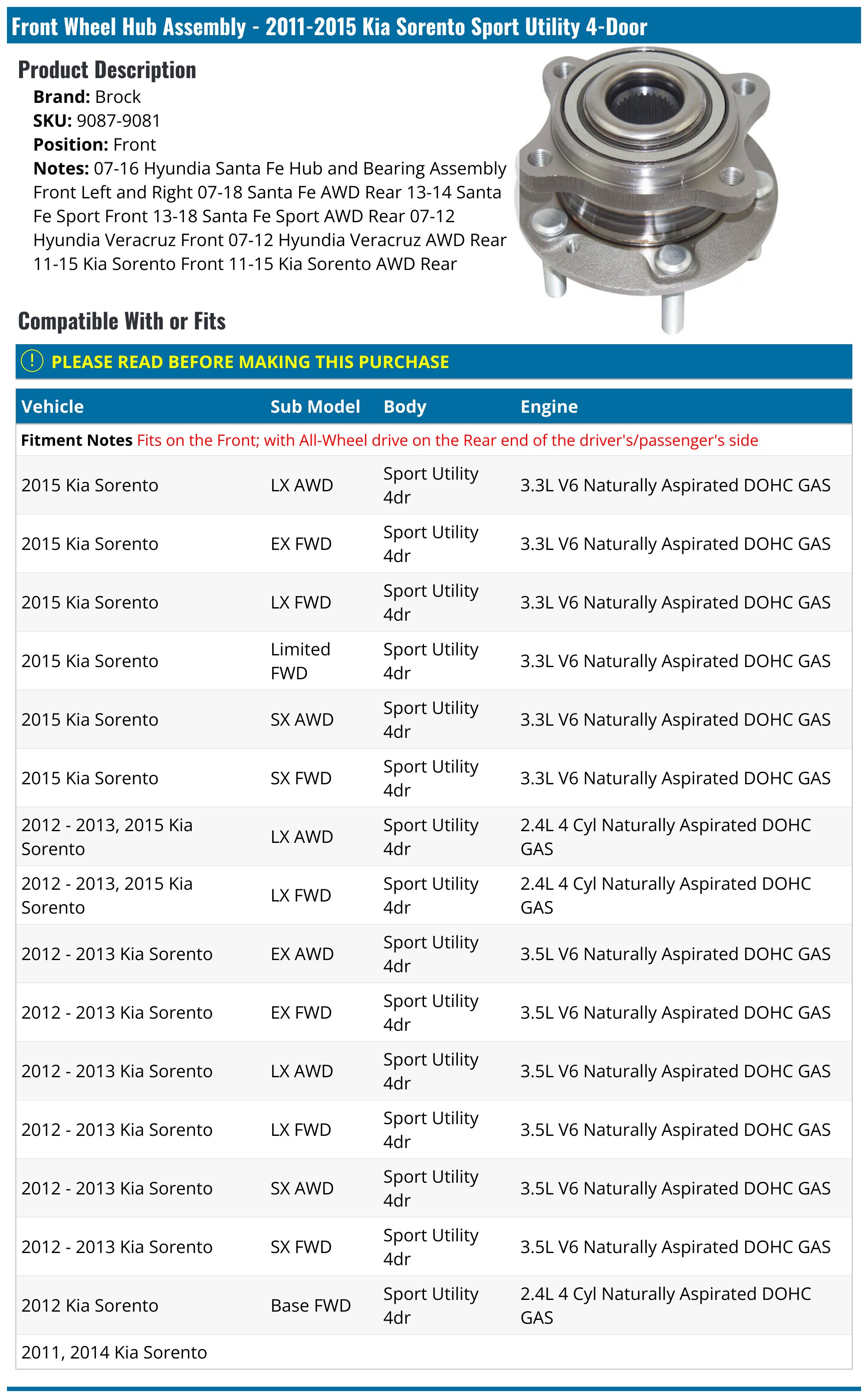 2011-2015 Kia Sorento Wheel Hub Assembly - Brock 9087-9081 - Front ...
