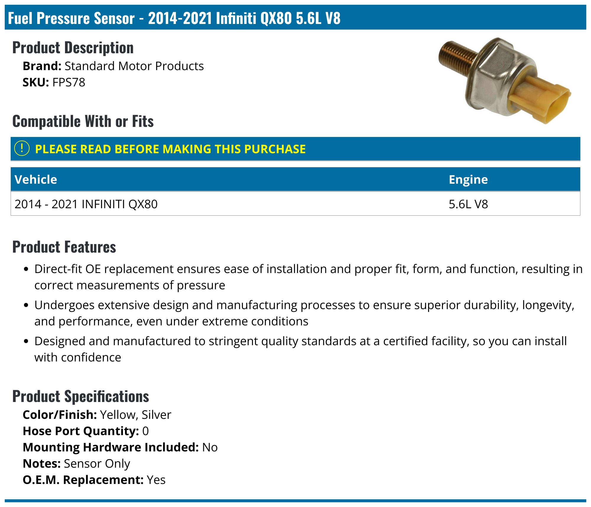 2014-2021 Infiniti QX80 Fuel Pressure Sensor - Standard Motor Products ...