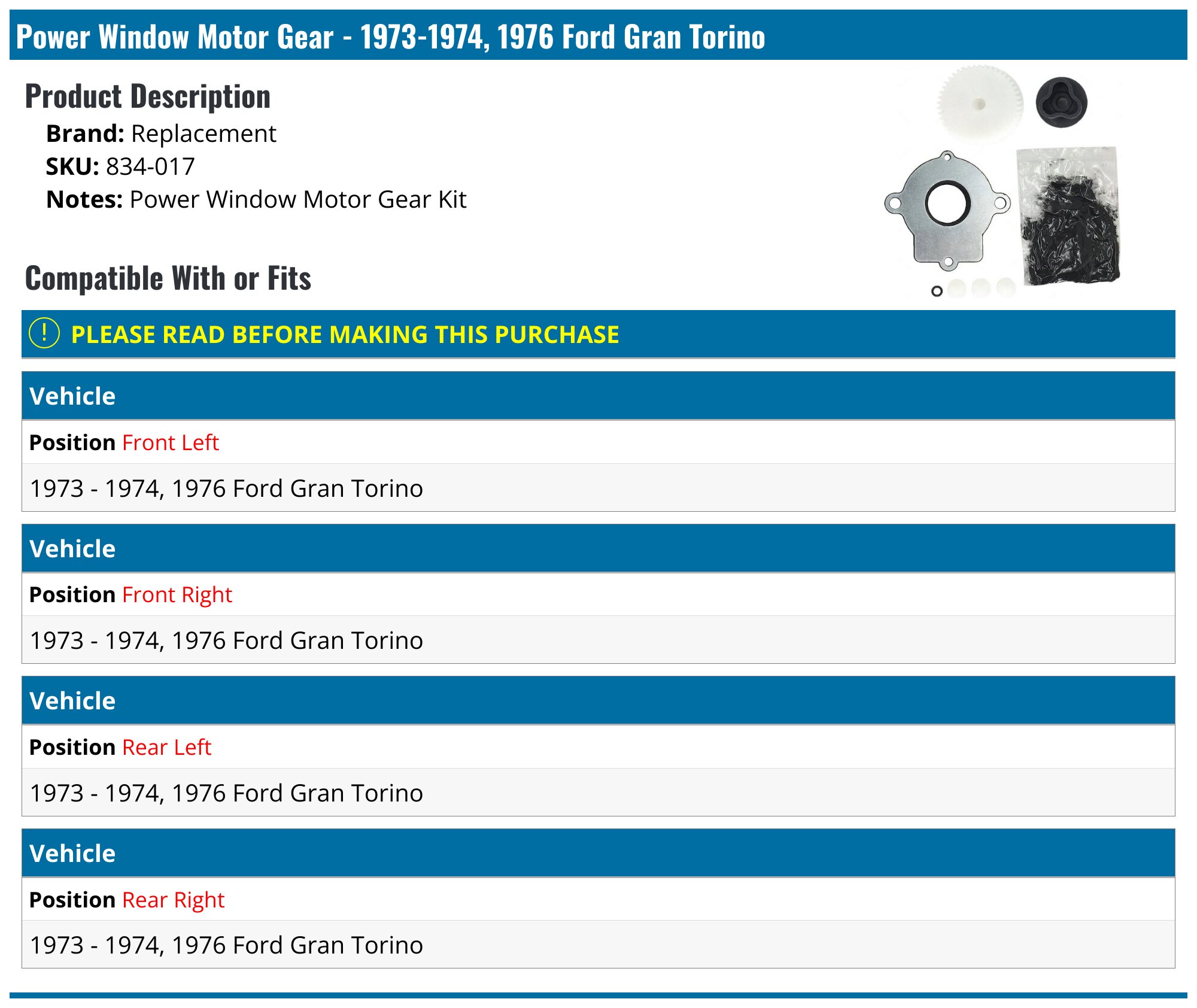 1973-1974, 1976 Ford Gran Torino Power Window Motor Gear - Replacement ...