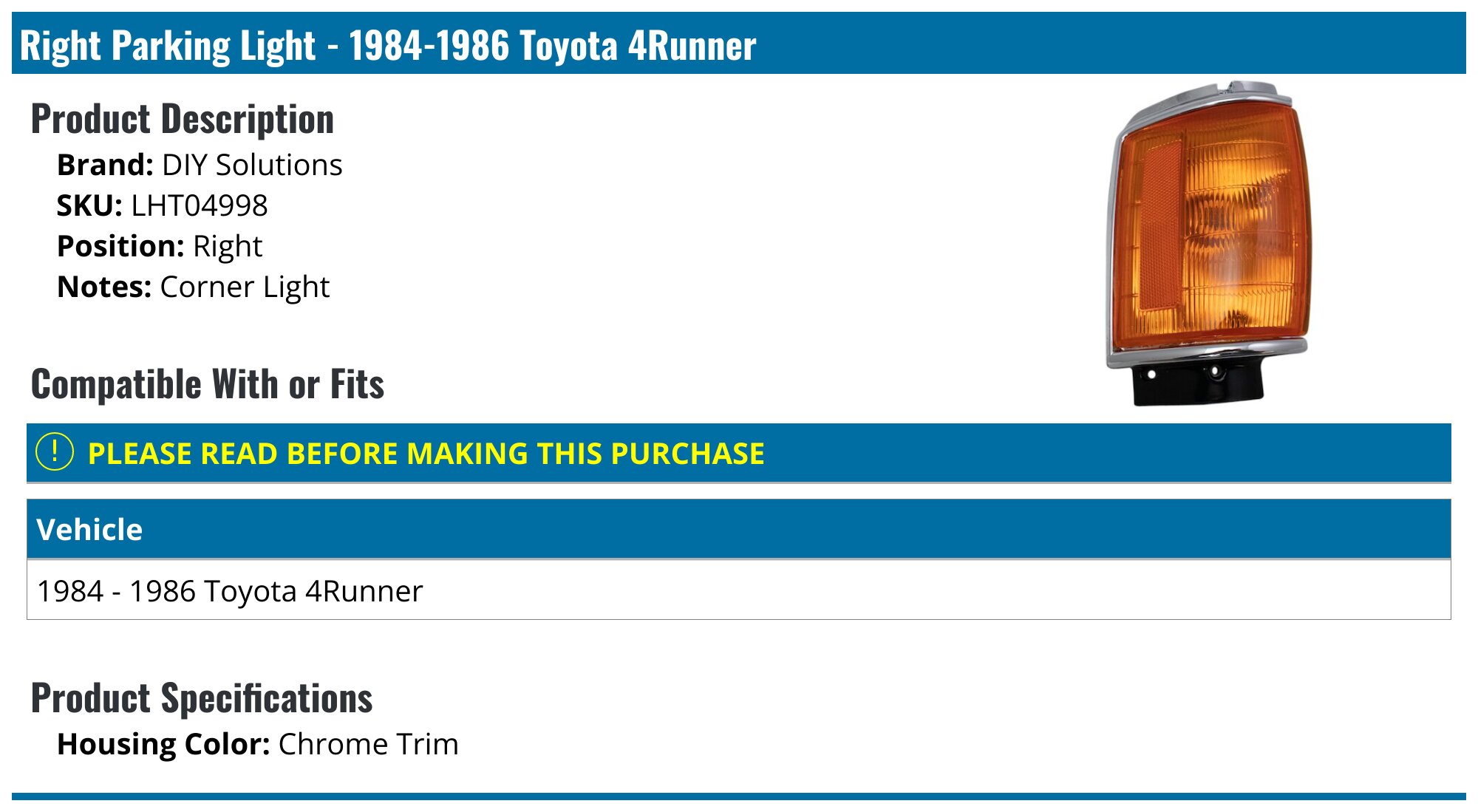 1984-1986 Toyota 4Runner Parking Light - DIY Solutions LHT04998 - Right ...