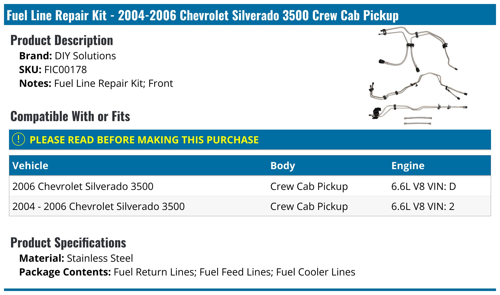 2004-2006 Chevrolet Silverado 3500 Fuel Line Repair Kit - DIY Solutions ...