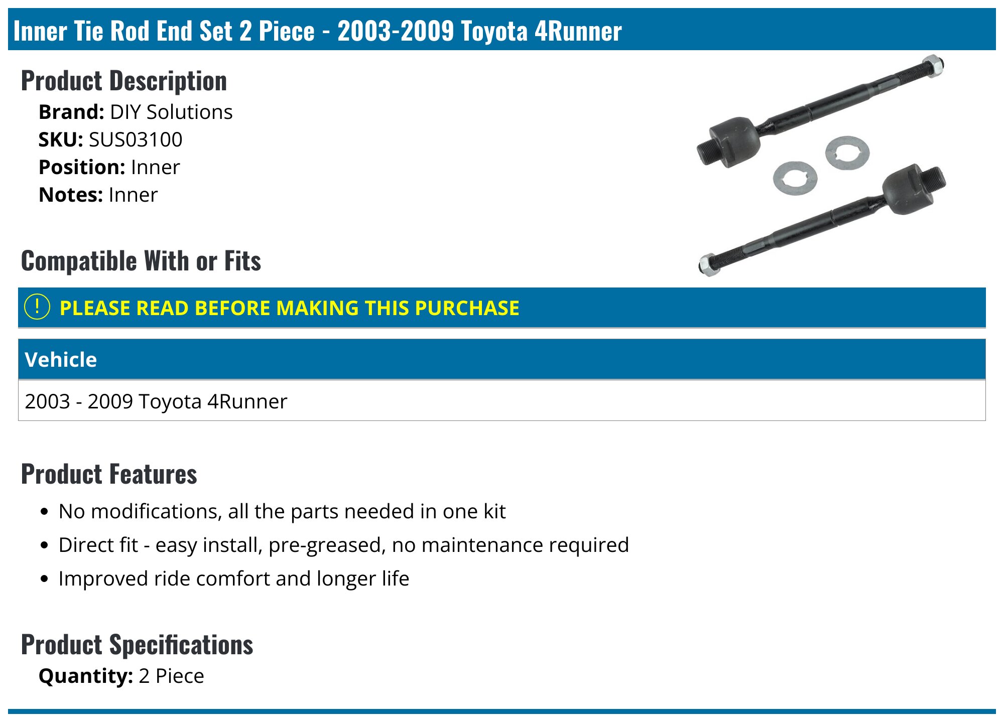 2003-2009 Toyota 4Runner Tie Rod End - DIY Solutions SUS03100 - Inner ...