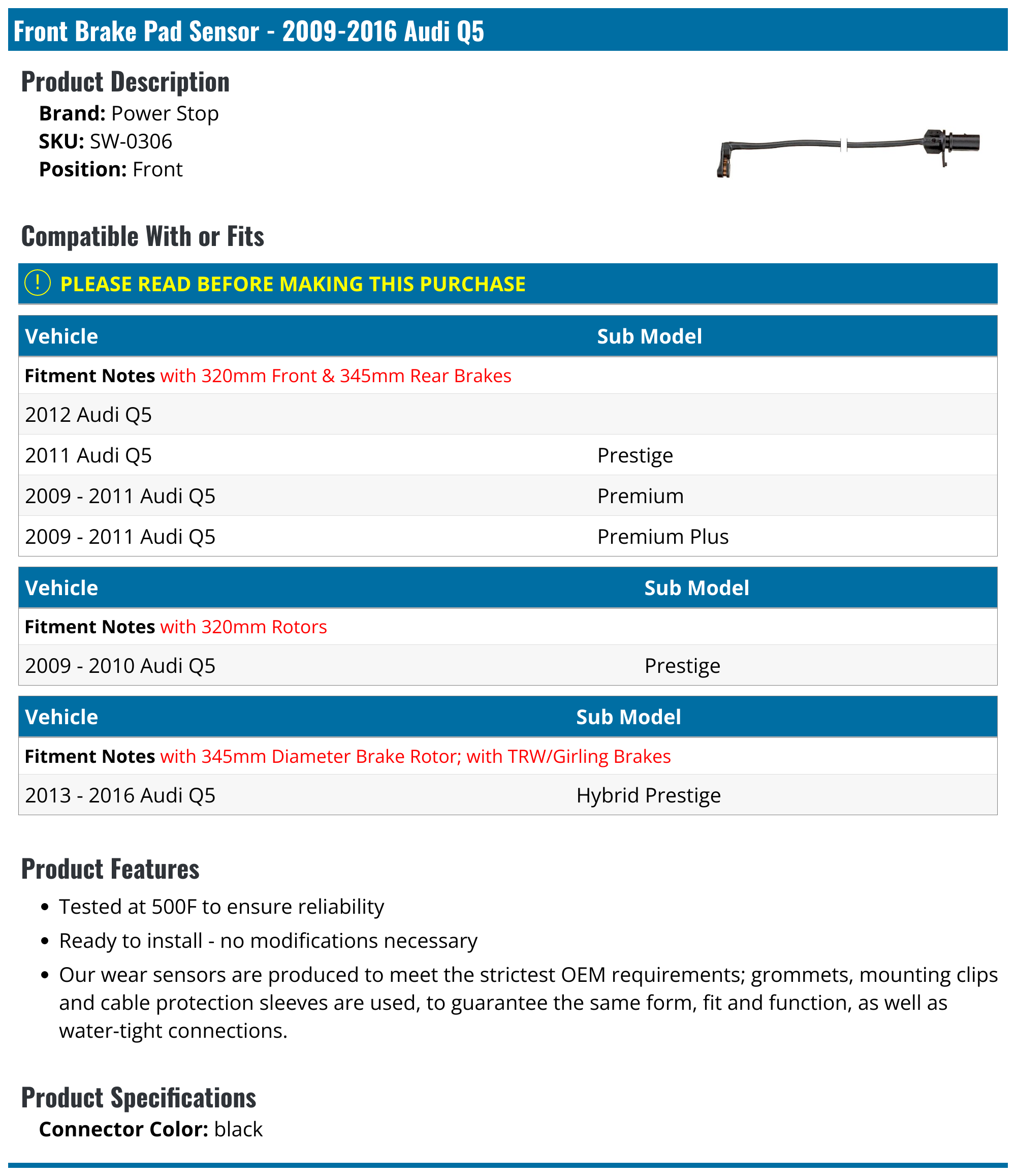 2009-2016 Audi Q5 Brake Pad Sensor - Power Stop SW-0306 - Front ...