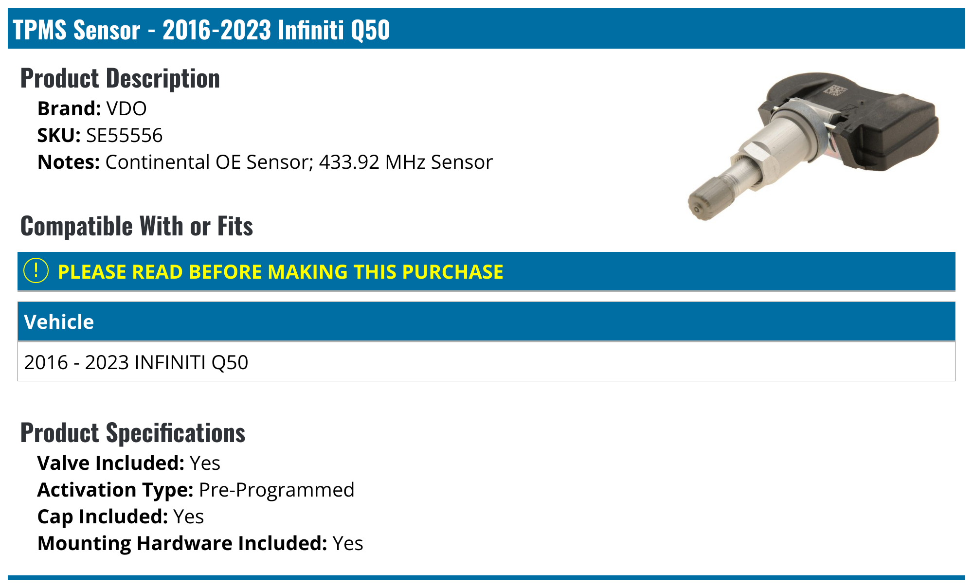 2016-2023 Infiniti Q50 Tire Pressure Monitoring Sensor - VDO SE55556 ...