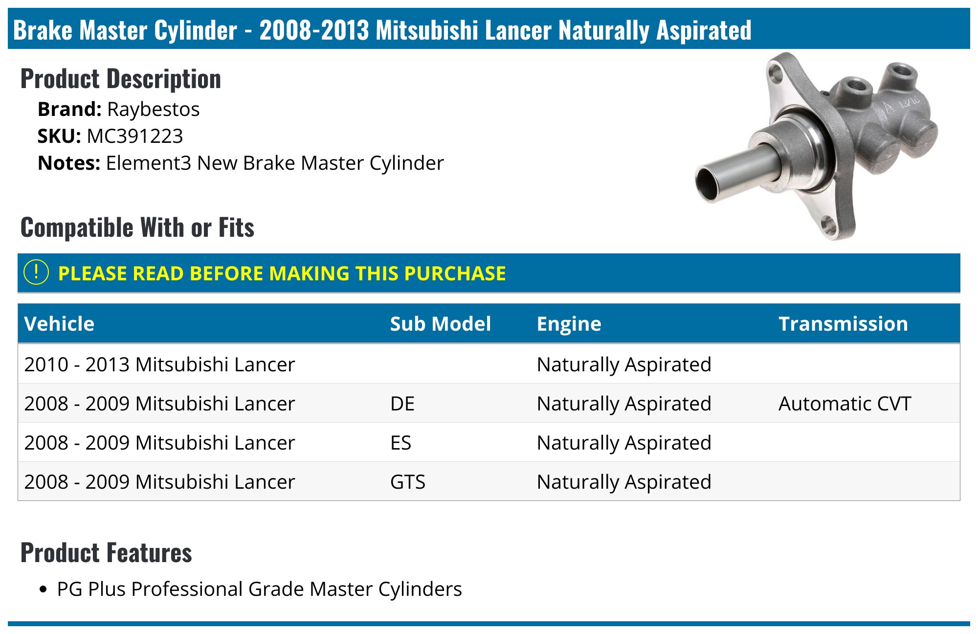2008-2013 Mitsubishi Lancer Brake Master Cylinder - Raybestos MC391223 ...