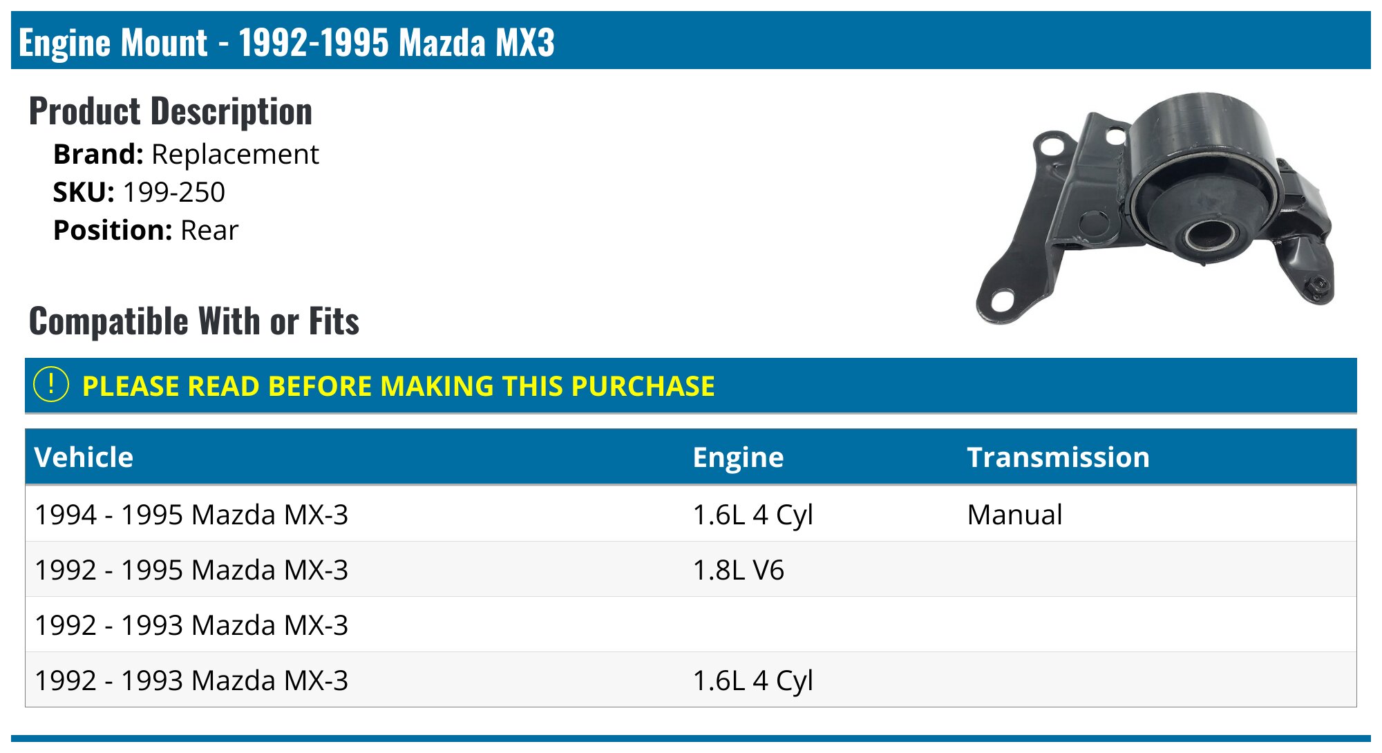 1992-1995 Mazda MX3 Engine Mount - Replacement 199-250 - PartsGeek.com