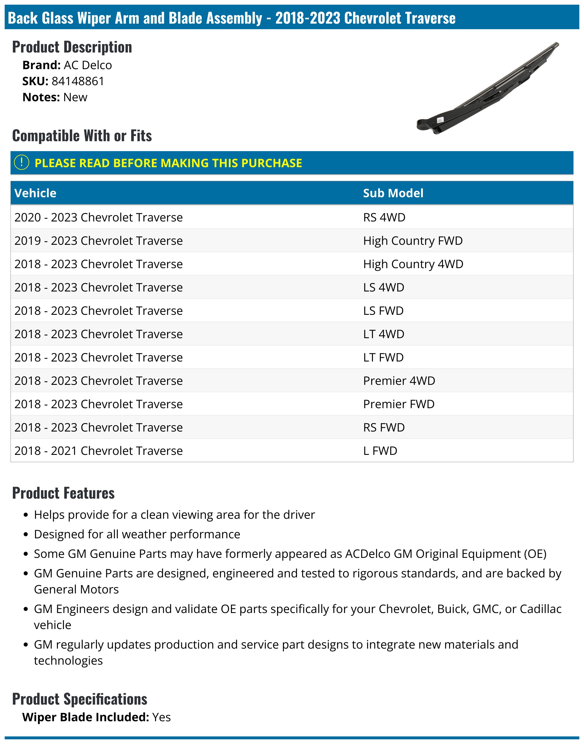 2018-2023 Chevrolet Traverse Back Glass Wiper Arm - AC Delco 84148861 ...