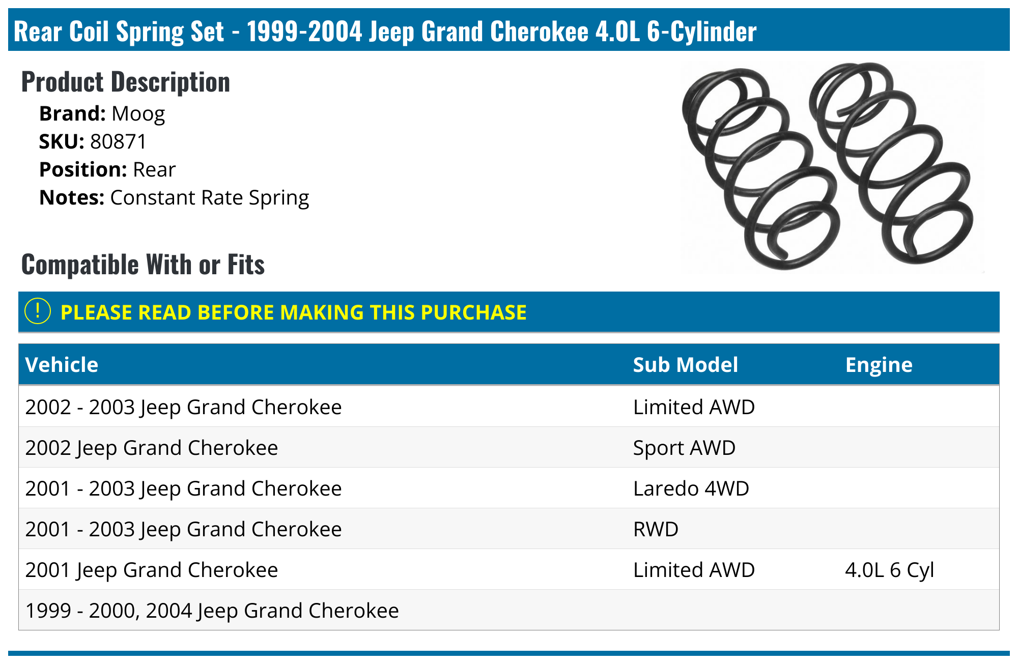 1999-2004 Jeep Grand Cherokee Coil Spring - Moog 80871 - Rear ...