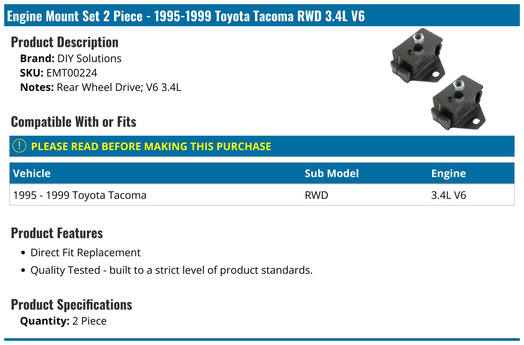 1995-1999 Toyota Tacoma Engine Mount - DIY Solutions EMT00224 ...