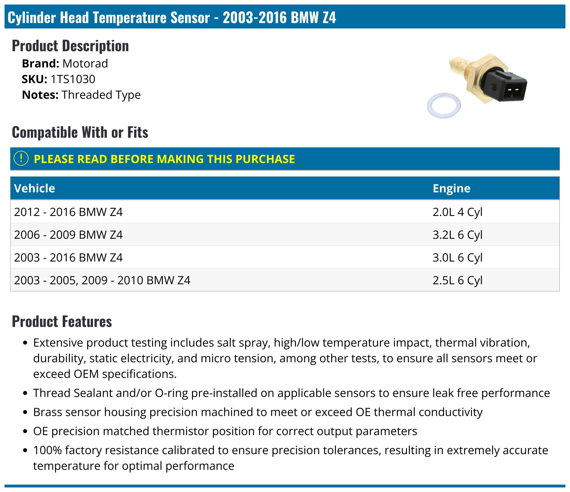 2003-2016 BMW Z4 Cylinder Head Temperature Sensor - Motorad 1TS1030 ...