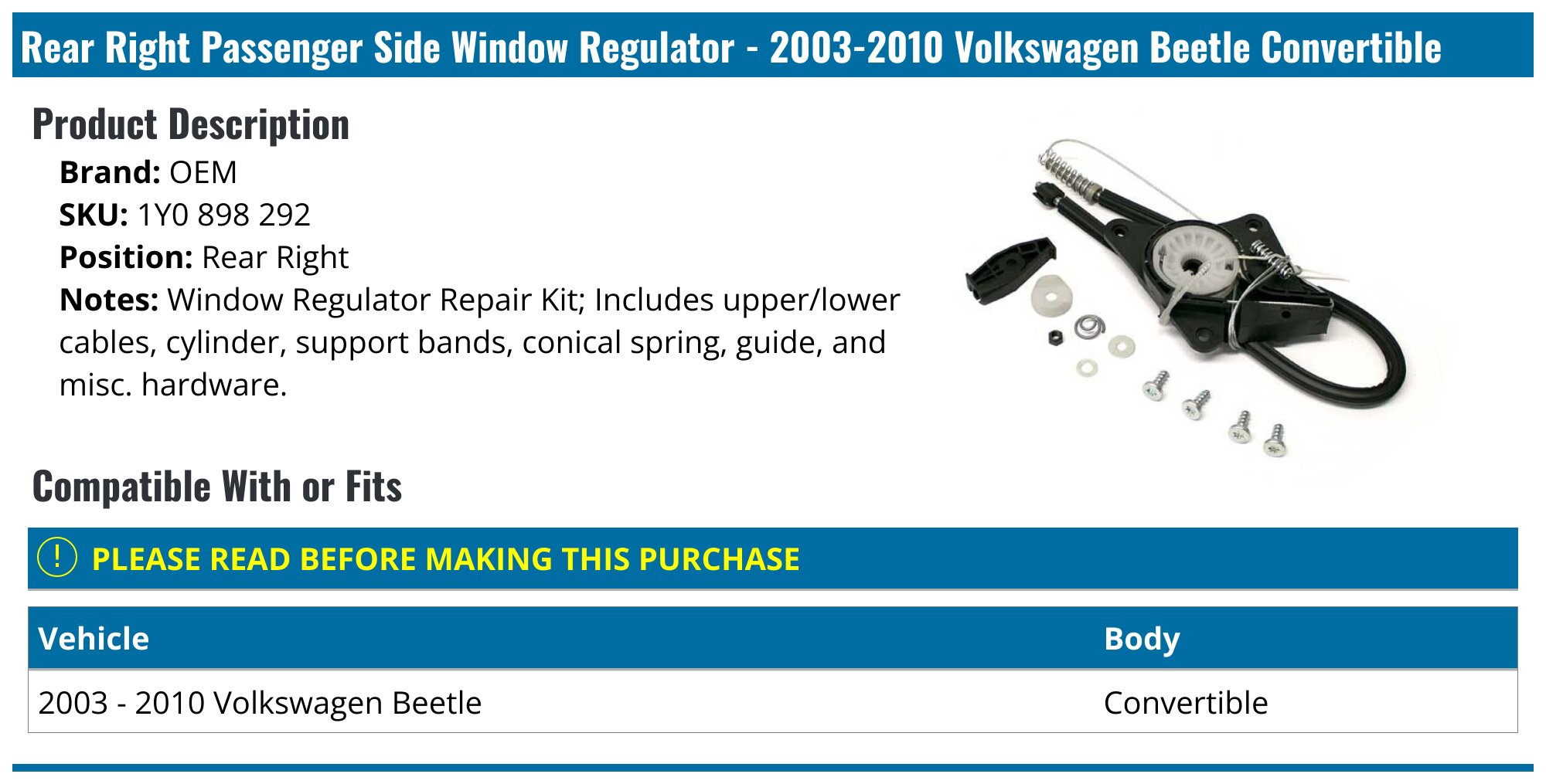 2003-2010 Volkswagen Beetle Window Regulator - OEM 1Y0 898 292 - Rear ...