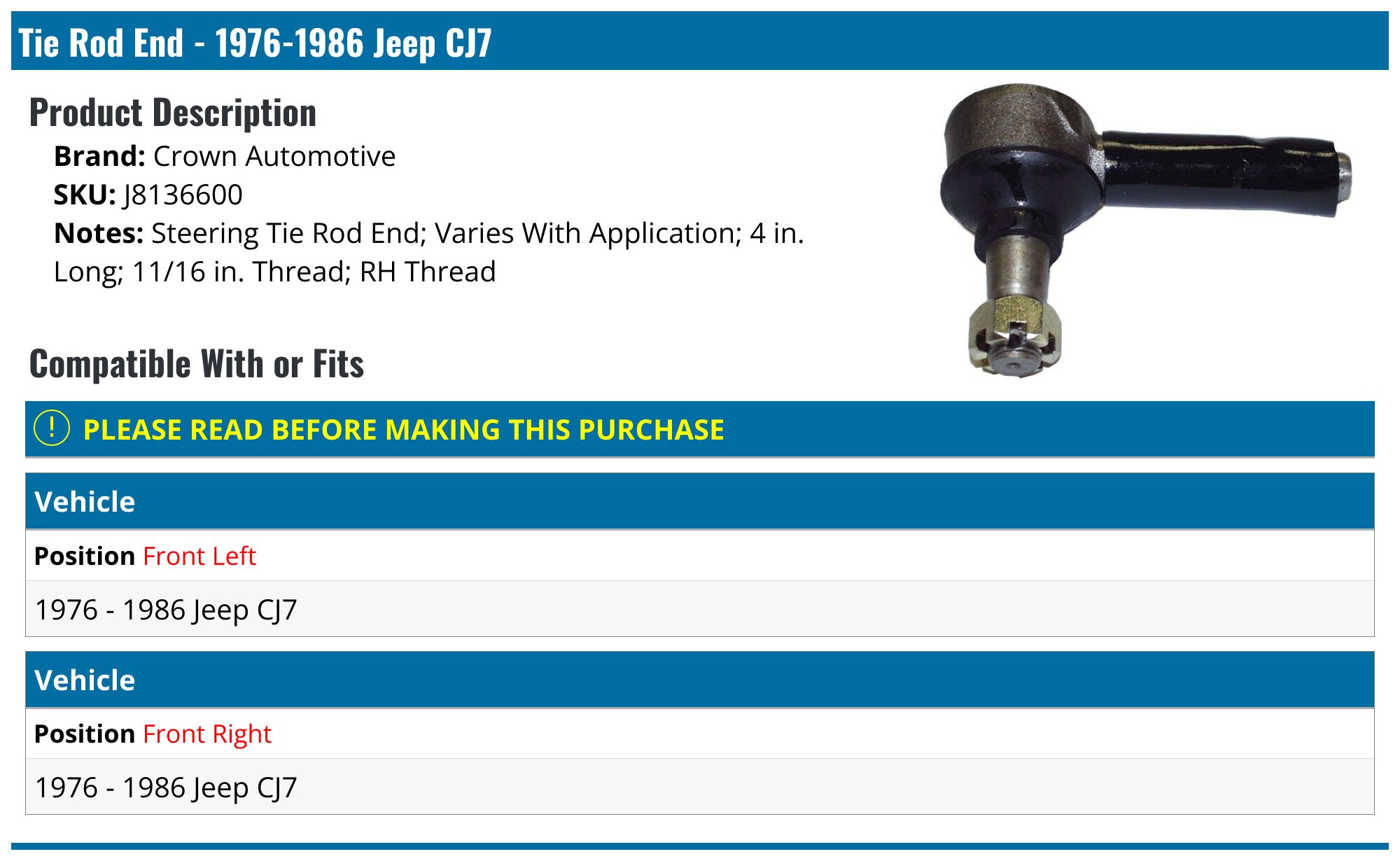 1976-1986 Jeep CJ7 Tie Rod End - Crown Automotive J8136600 - Front Left ...