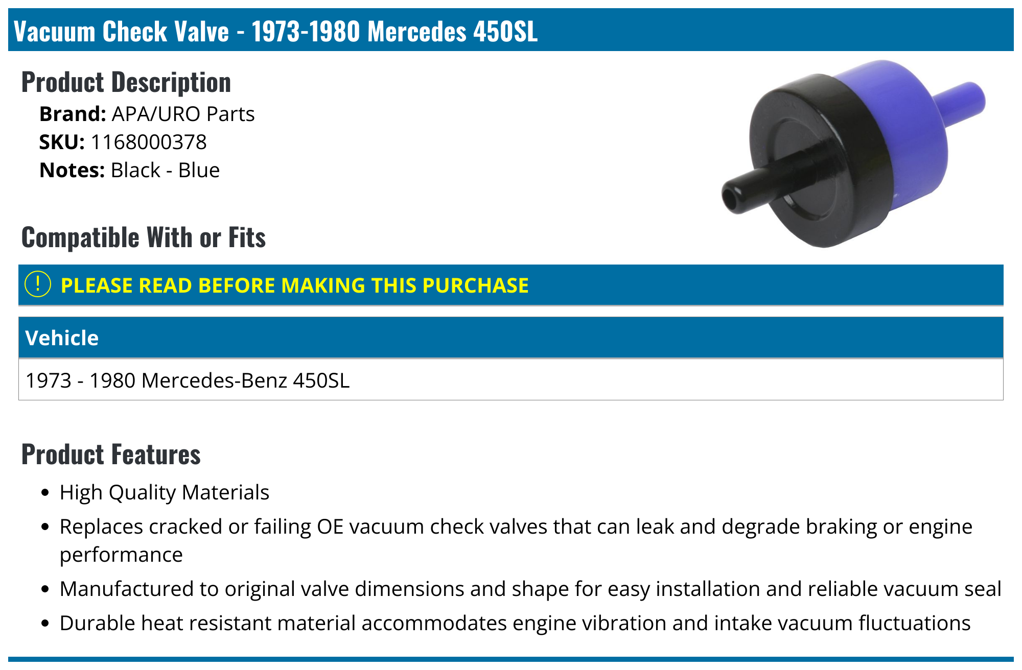 1973-1980 Mercedes 450SL Vacuum Check Valve - APA/URO Parts 1168000378 ...