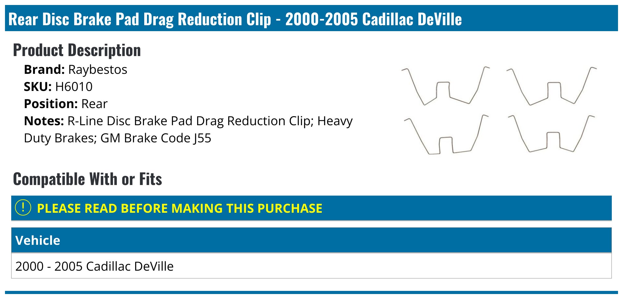 2000-2005 Cadillac DeVille Disc Brake Pad Drag Reduction Clip ...