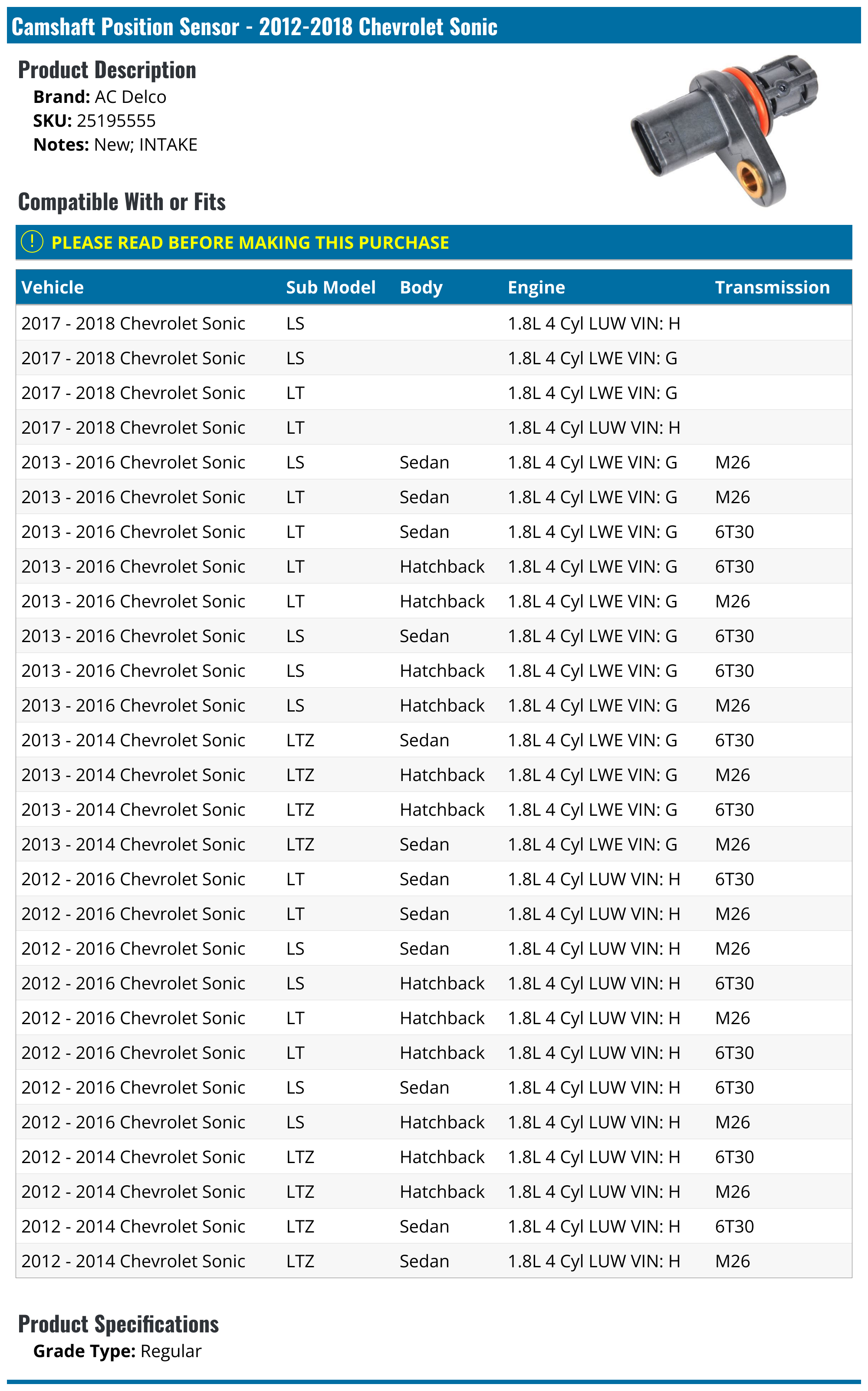 2012-2018 Chevrolet Sonic Camshaft Position Sensor - AC Delco 25195555 ...