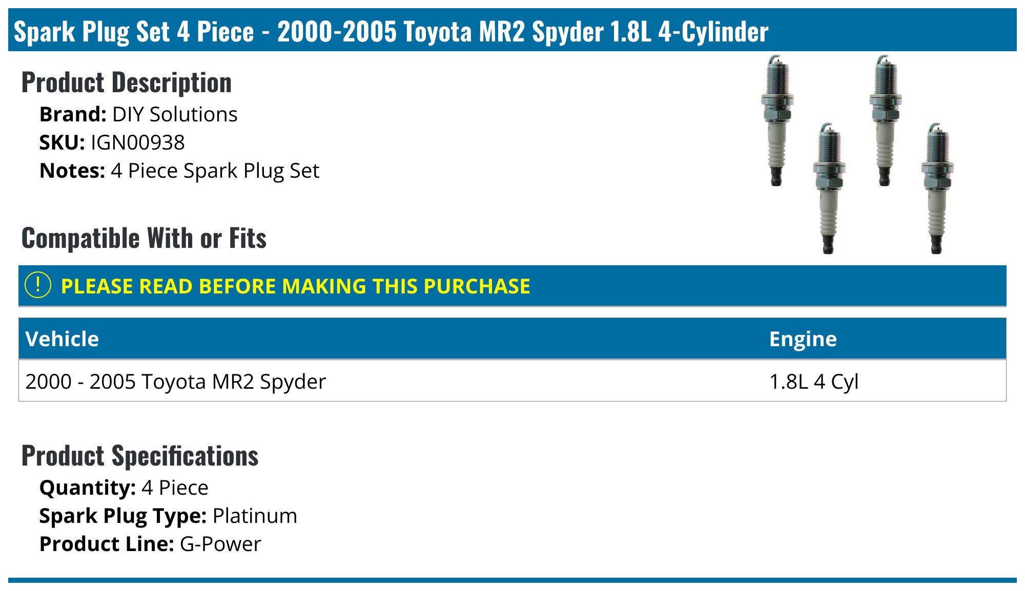 2000-2005 Toyota MR2 Spyder Spark Plug - DIY Solutions IGN00938 ...