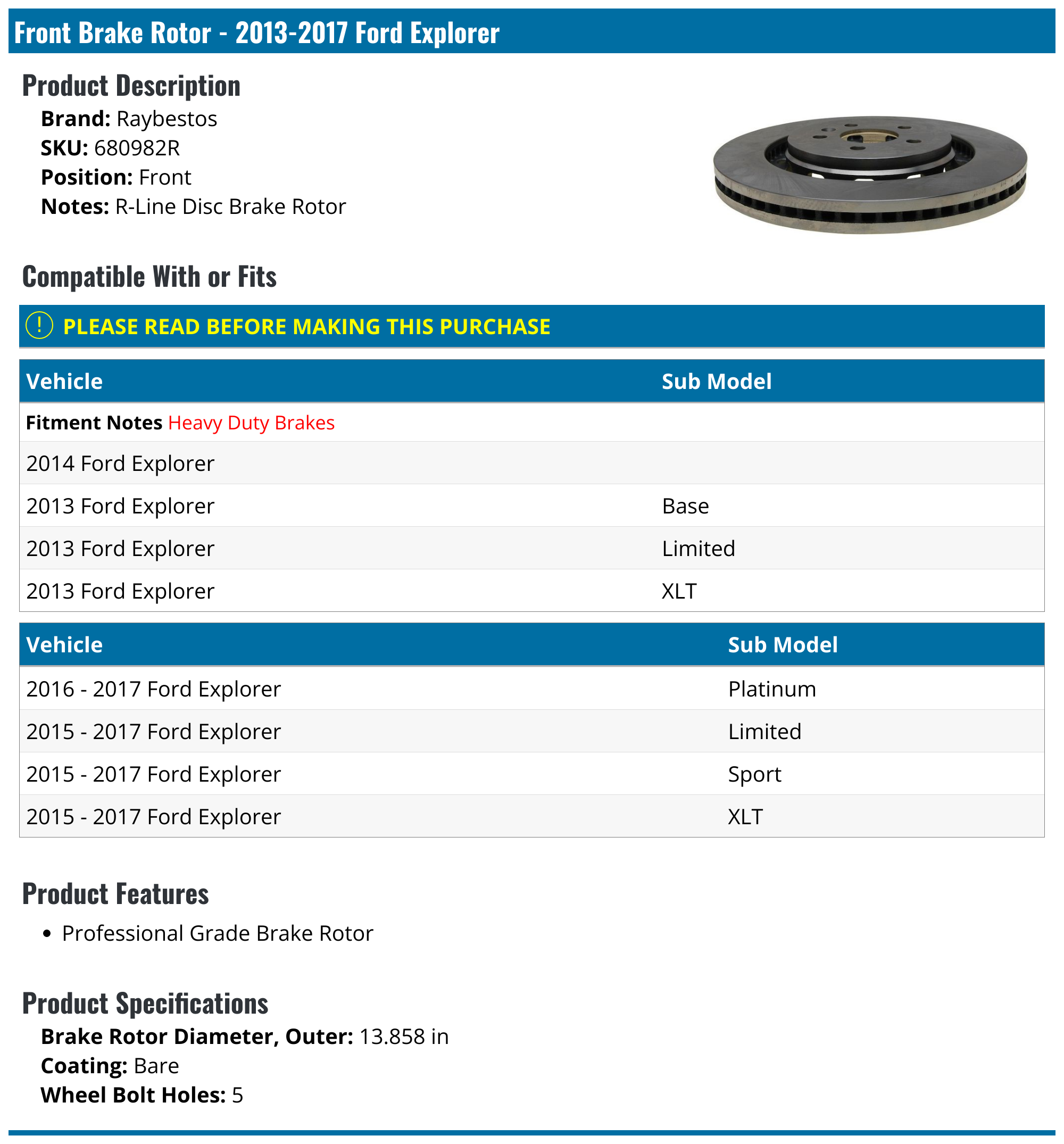 2013-2017 Ford Explorer Brake Rotor - Raybestos 680982R - Front ...