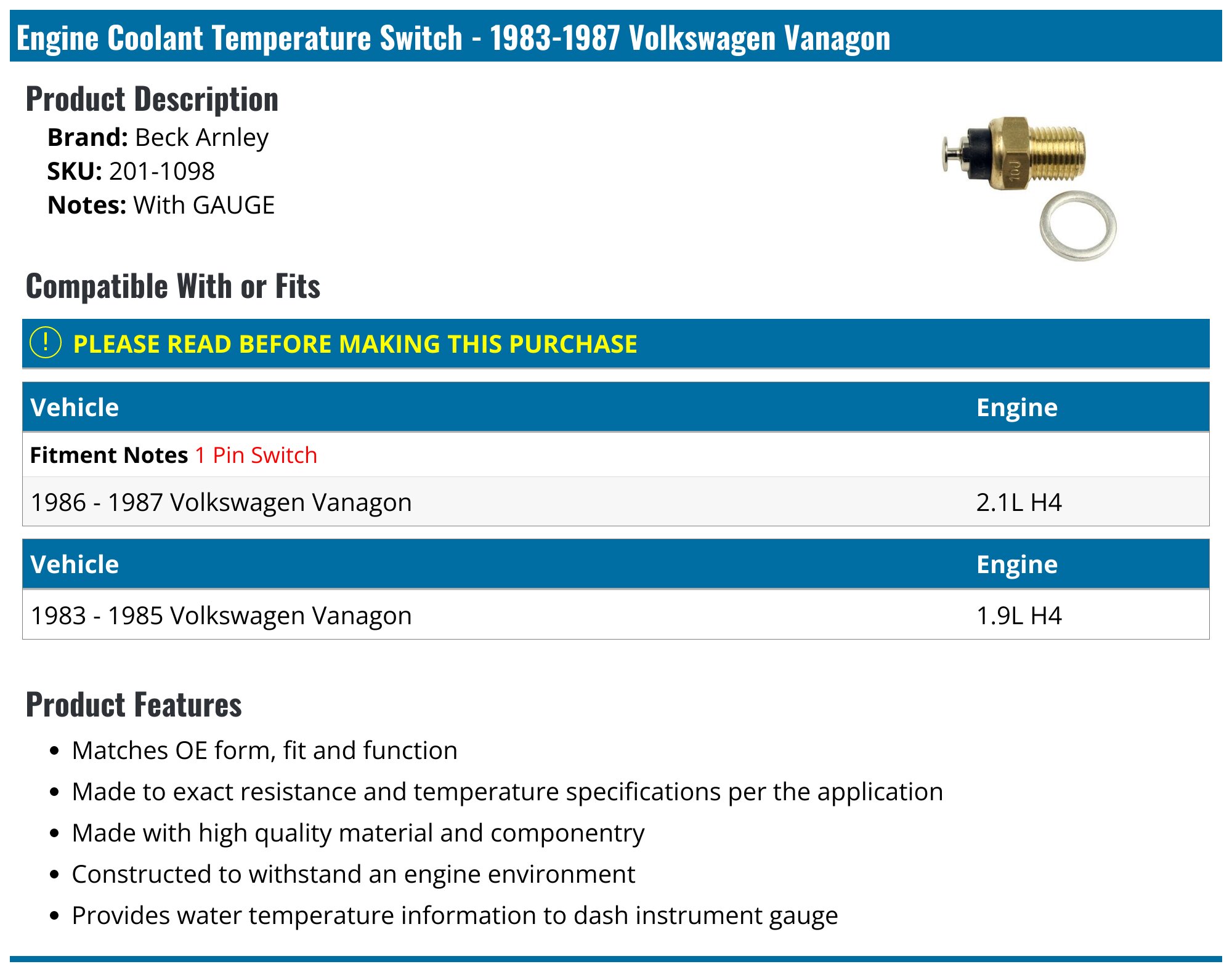 1983-1987 Volkswagen Vanagon Coolant Temperature Sensor - Beck Arnley ...