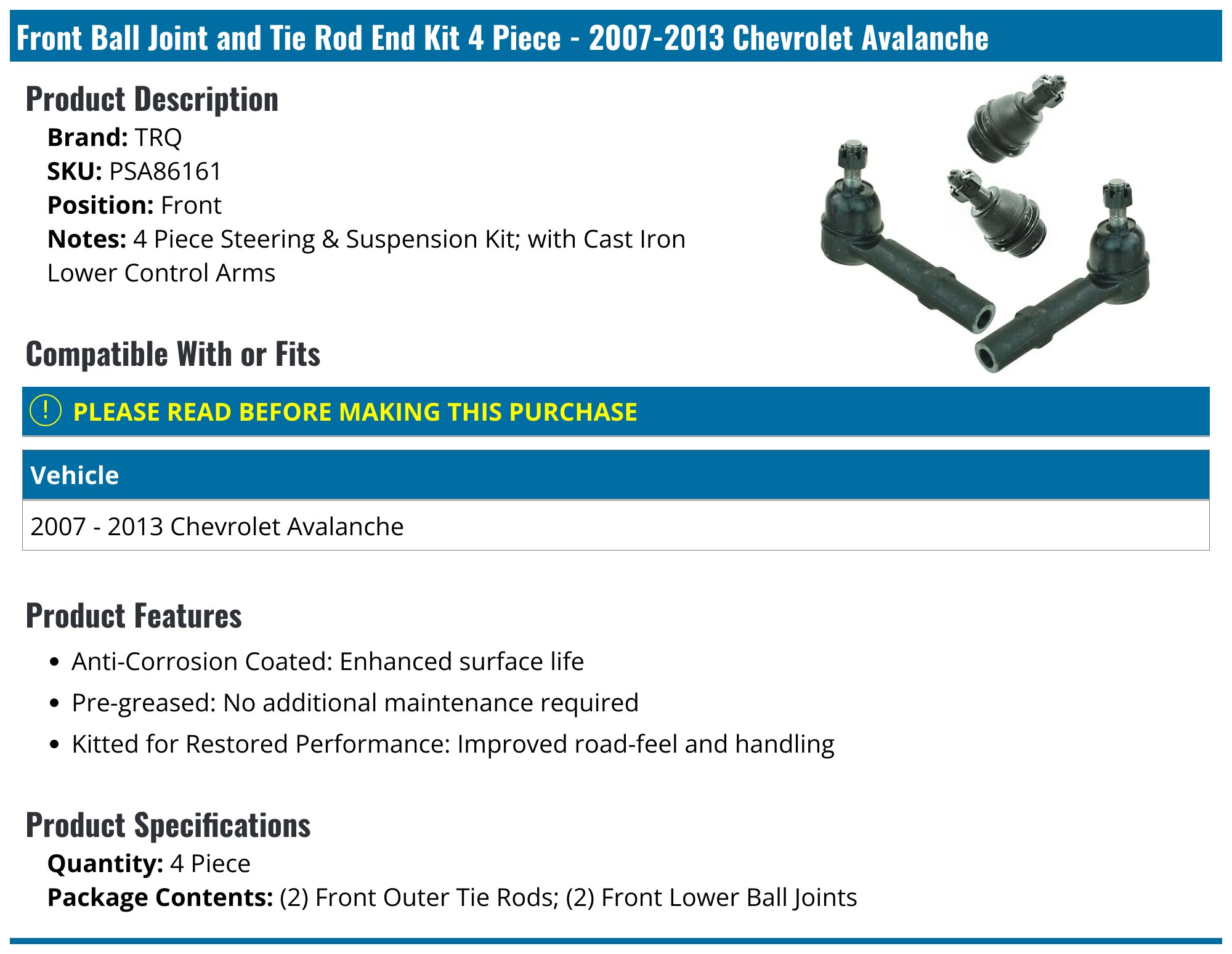 2007-2013 Chevrolet Avalanche Ball Joint - TRQ PSA86161 - Front ...