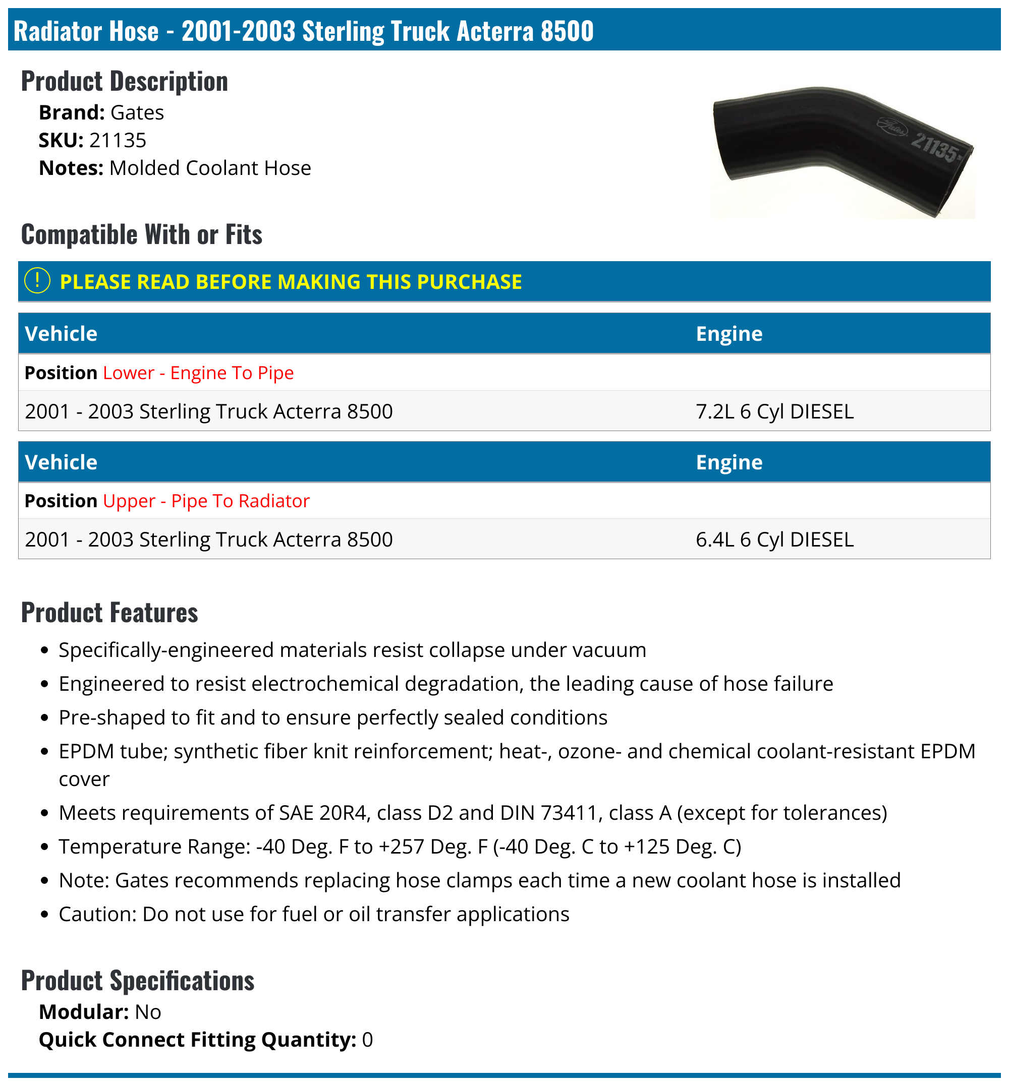 2001-2003 Sterling Truck Acterra 8500 Radiator Hose - Gates 21135 ...
