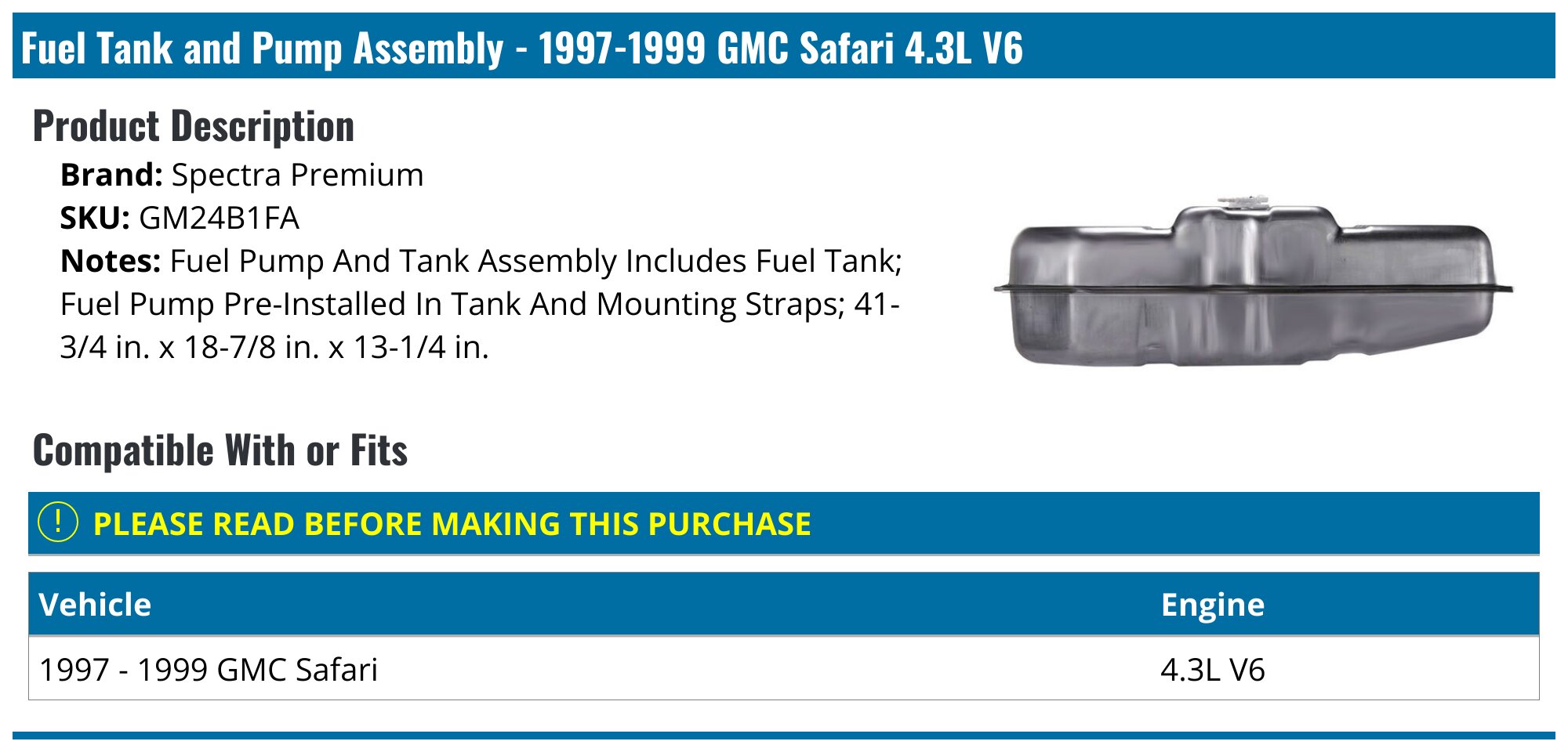 1997-1999 GMC Safari Fuel Tank - Spectra Premium GM24B1FA - PartsGeek.com