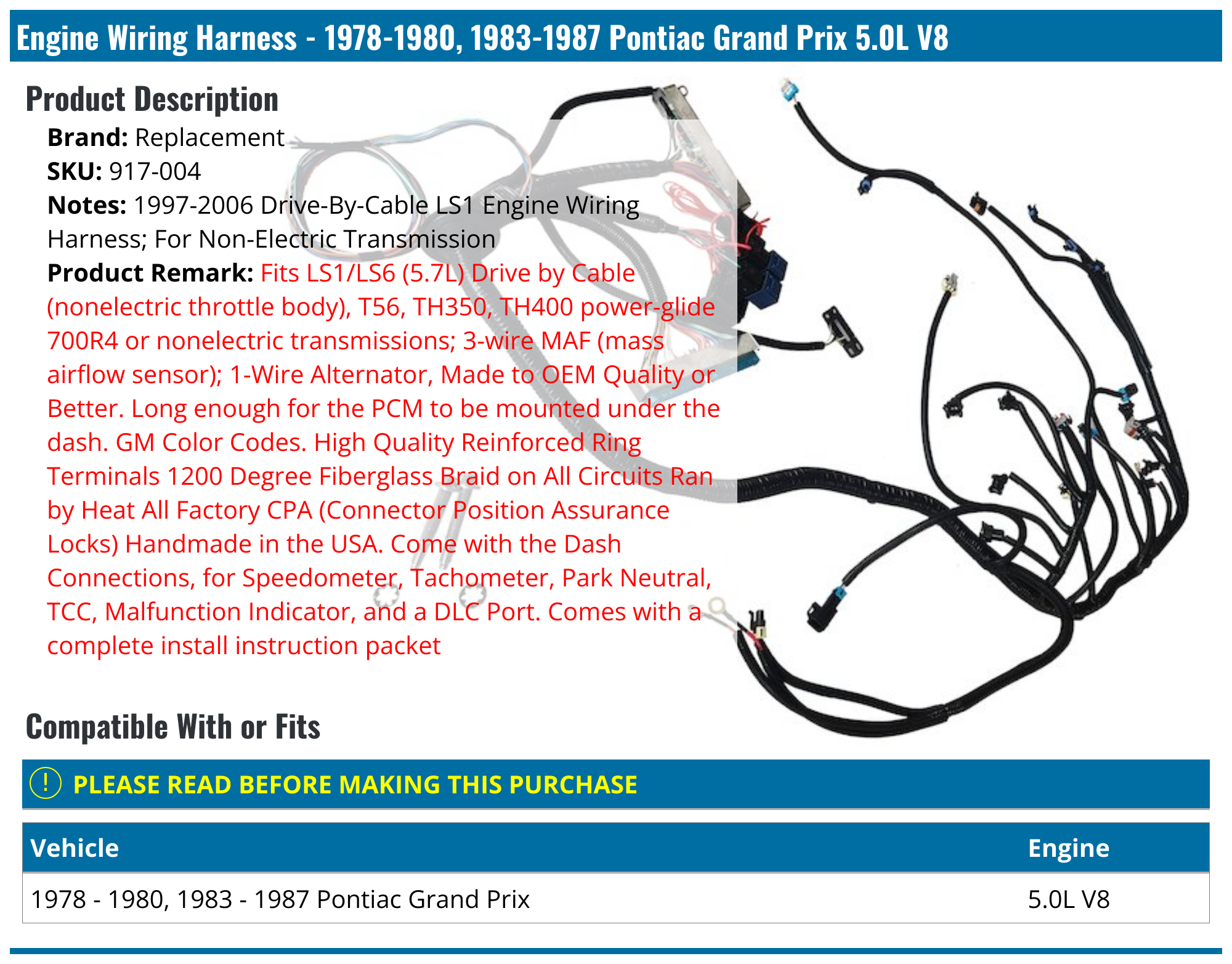 1978-1980, 1983-1987 Pontiac Grand Prix Engine Wiring Harness ...