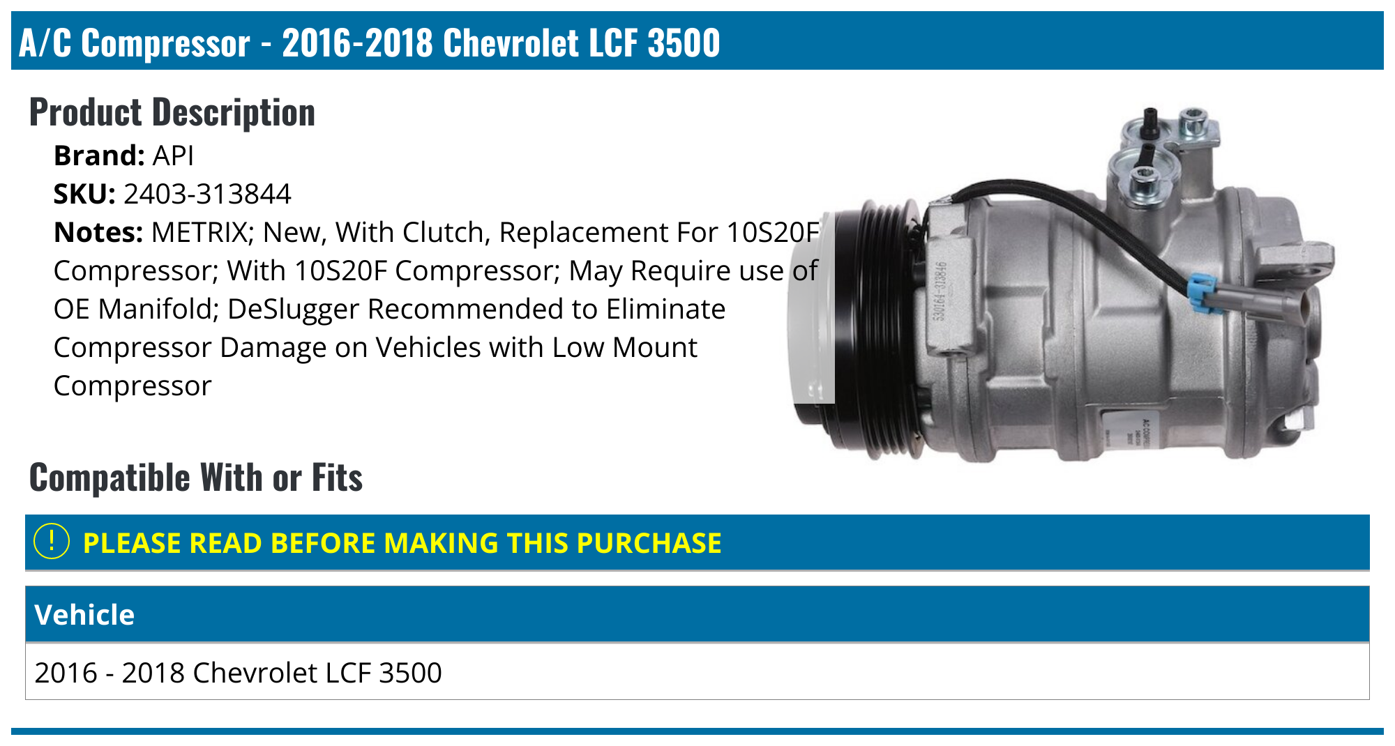 2016-2018 Chevrolet LCF 3500 A/C Compressor - API 145315-02224875 ...