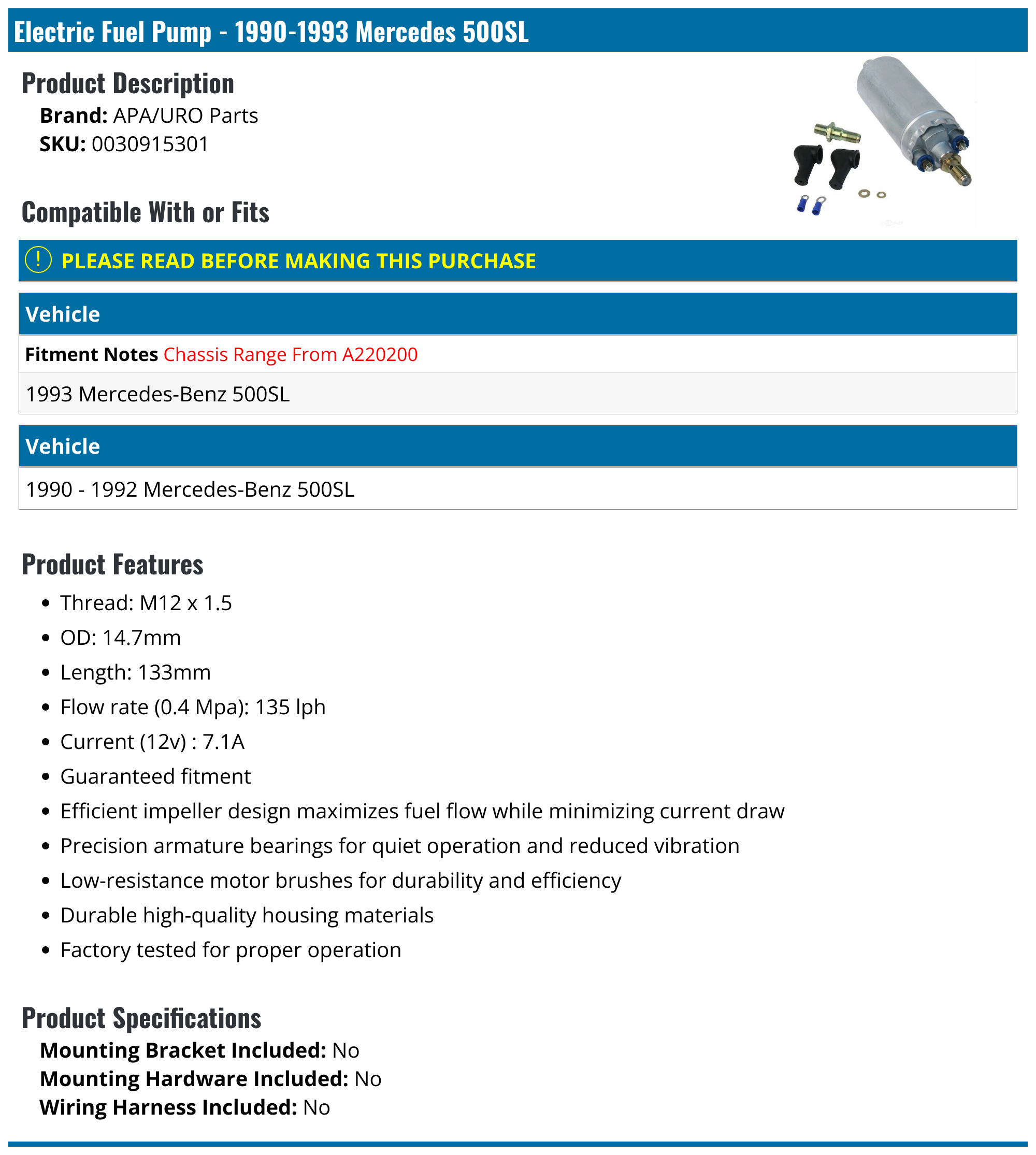 1990-1993 Mercedes 500SL Fuel Pump - APA/URO Parts 0030915301 ...