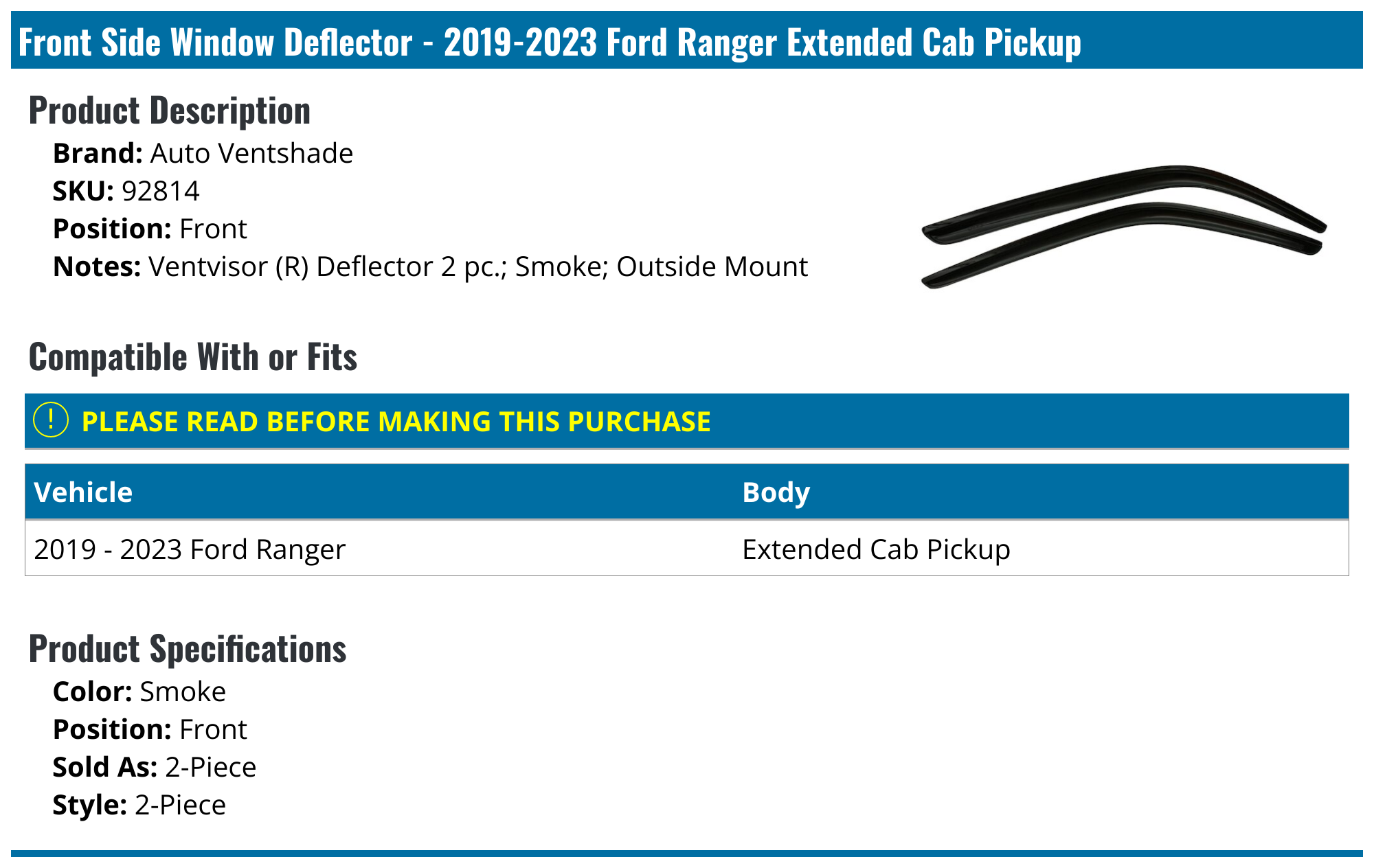 2019-2023 Ford Ranger Side Window Deflector - Auto Ventshade 92814 ...