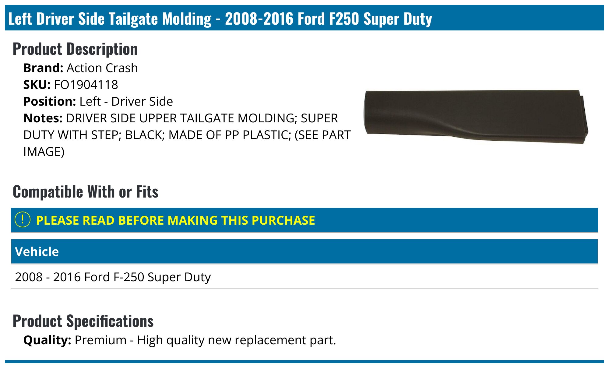 2008-2016 Ford F250 Super Duty Tailgate Molding - Action Crash ...