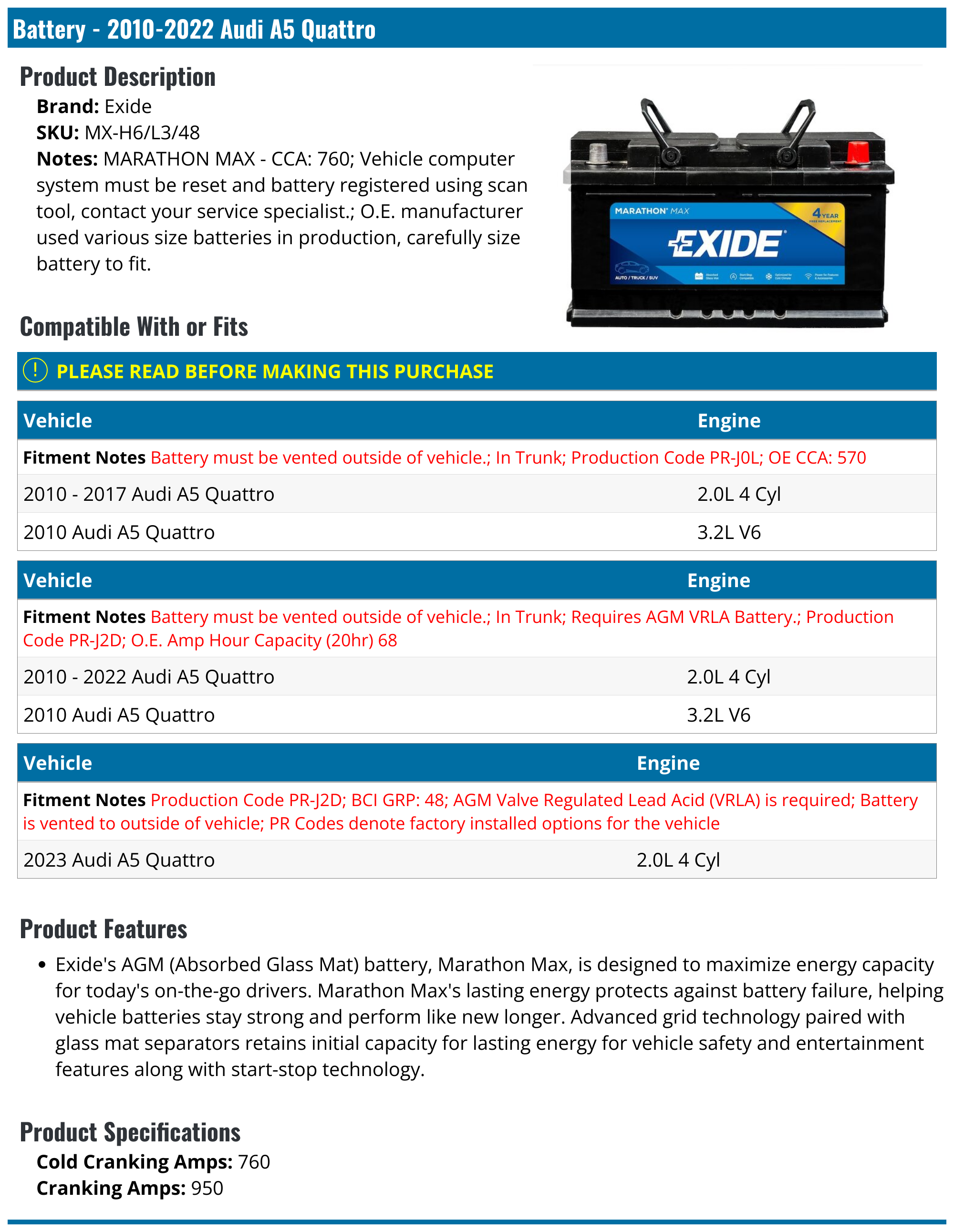 2010-2024 Audi A5 Quattro Battery - Exide MX-H6/L3/48 - PartsGeek.com