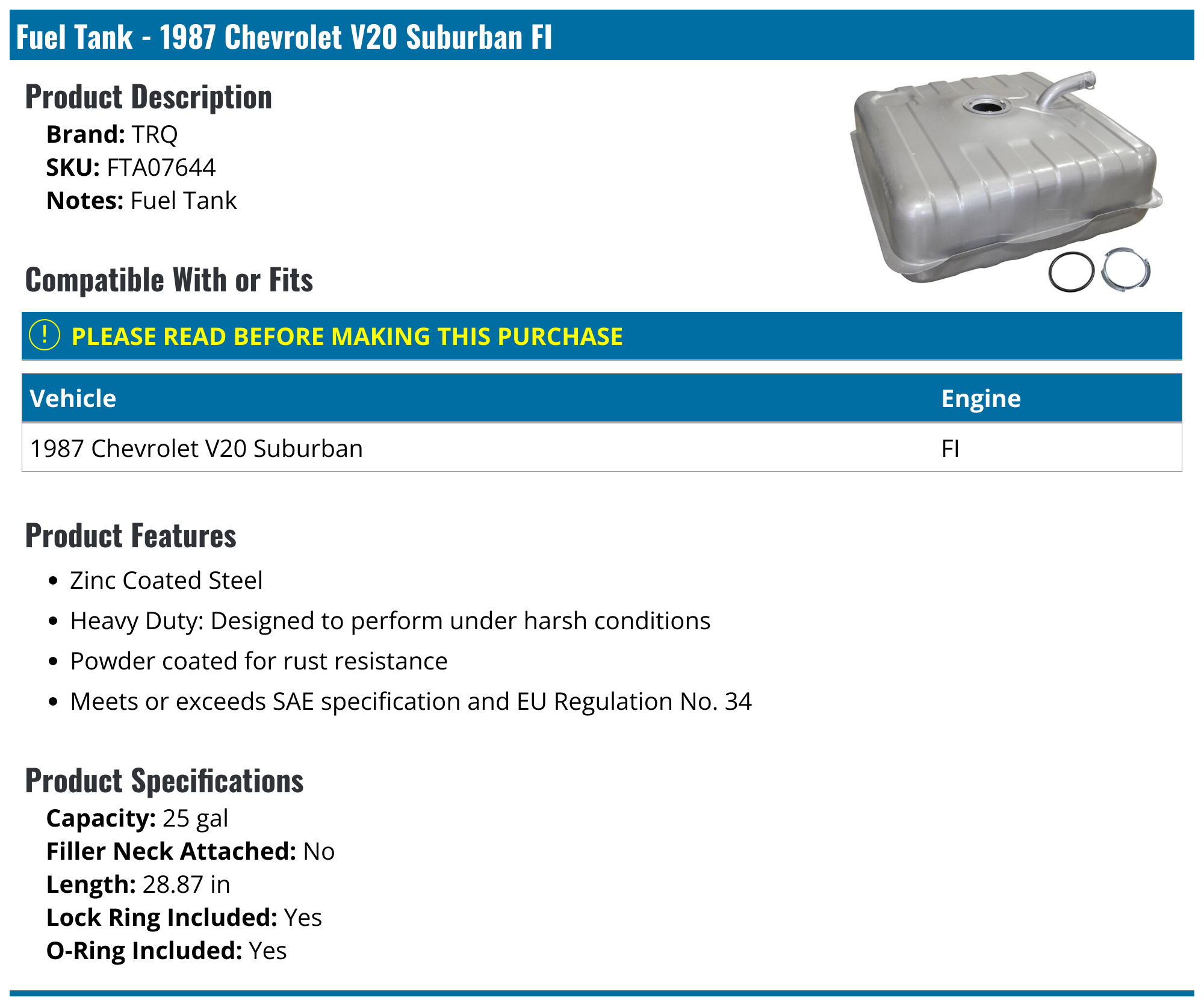 1987 Chevrolet V20 Suburban Fuel Tank - TRQ FTA07644 - PartsGeek.com