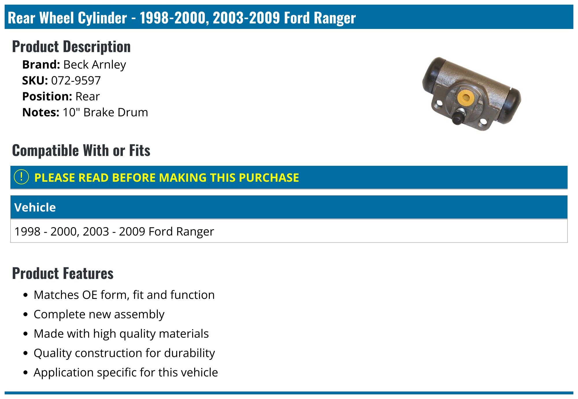 1998-2000, 2003-2009 Ford Ranger Wheel Cylinder - Beck Arnley 072-9597 ...