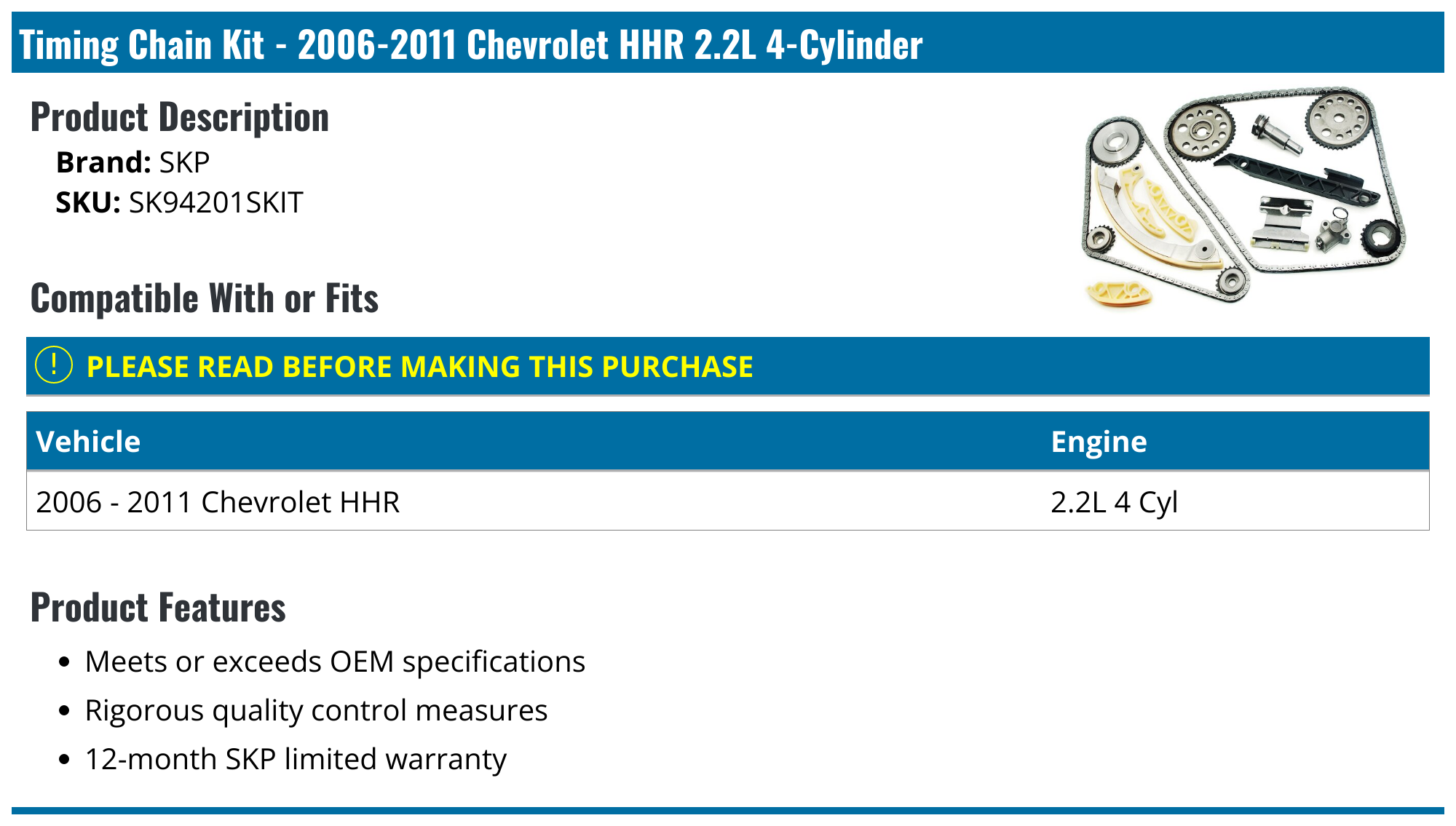 2006-2011 Chevrolet HHR Timing Chain - SKP SK94201SKIT - PartsGeek.com