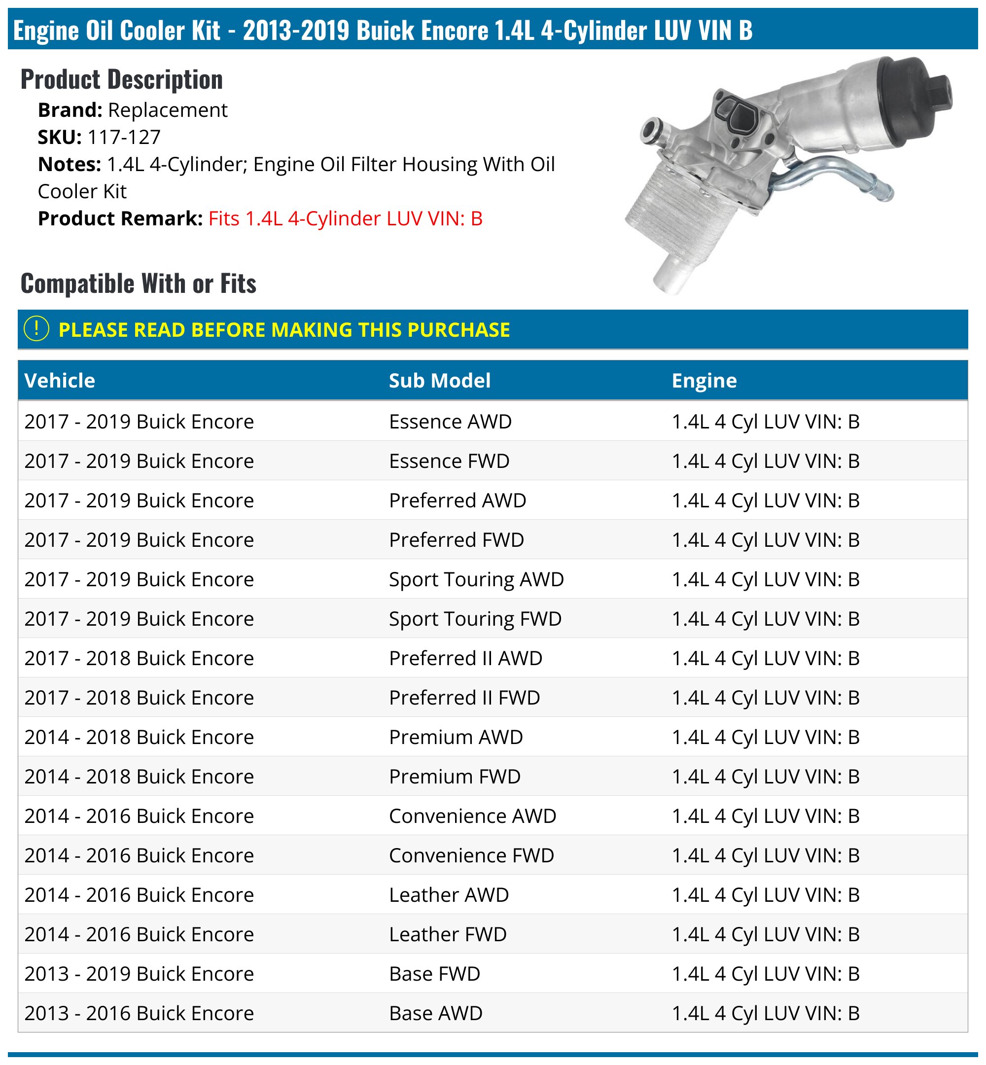 2013-2019 Buick Encore Oil Cooler - Replacement 117-127 - - PartsGeek.com