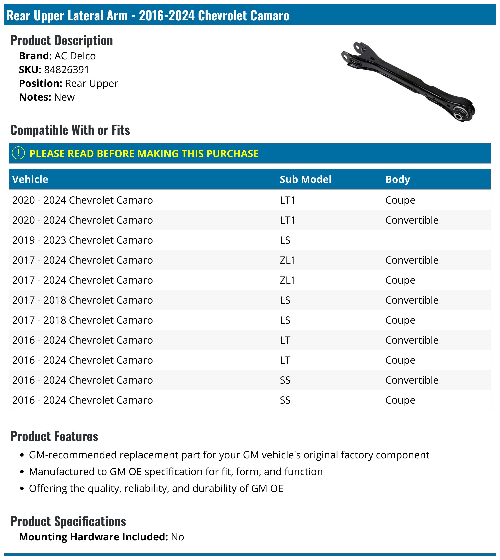 2016-2024 Chevrolet Camaro Lateral Arm - AC Delco 84826391 - Rear Upper ...