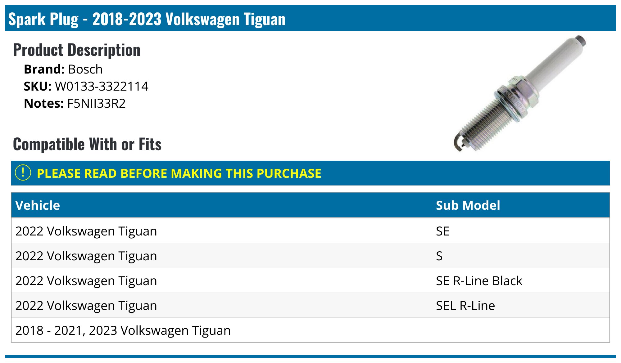 2018-2024 Volkswagen Tiguan Spark Plug - Bosch W0133-3322114 ...