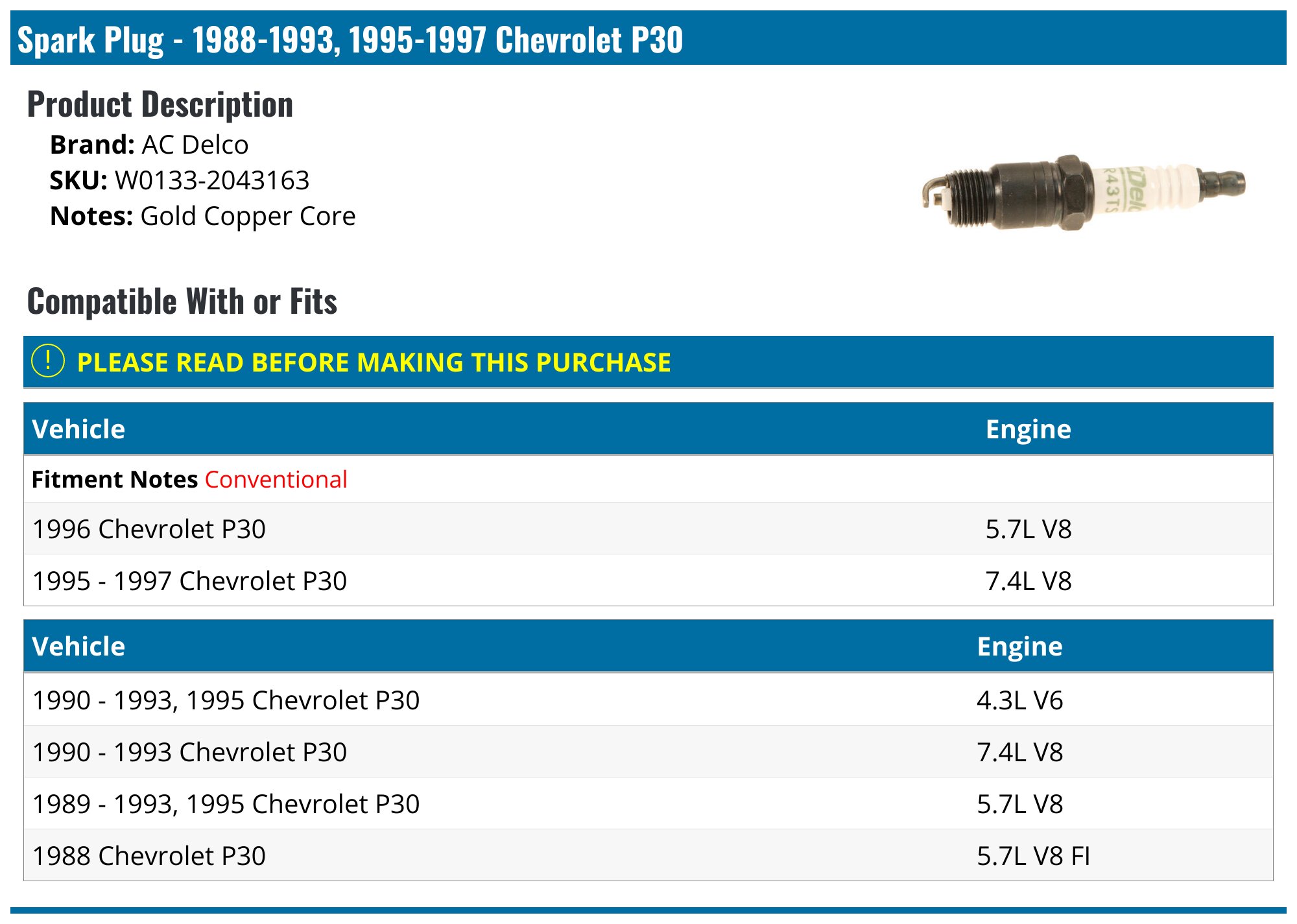1988-1993, 1995-1997 Chevrolet P30 Spark Plug - AC Delco W0133-2043163 ...