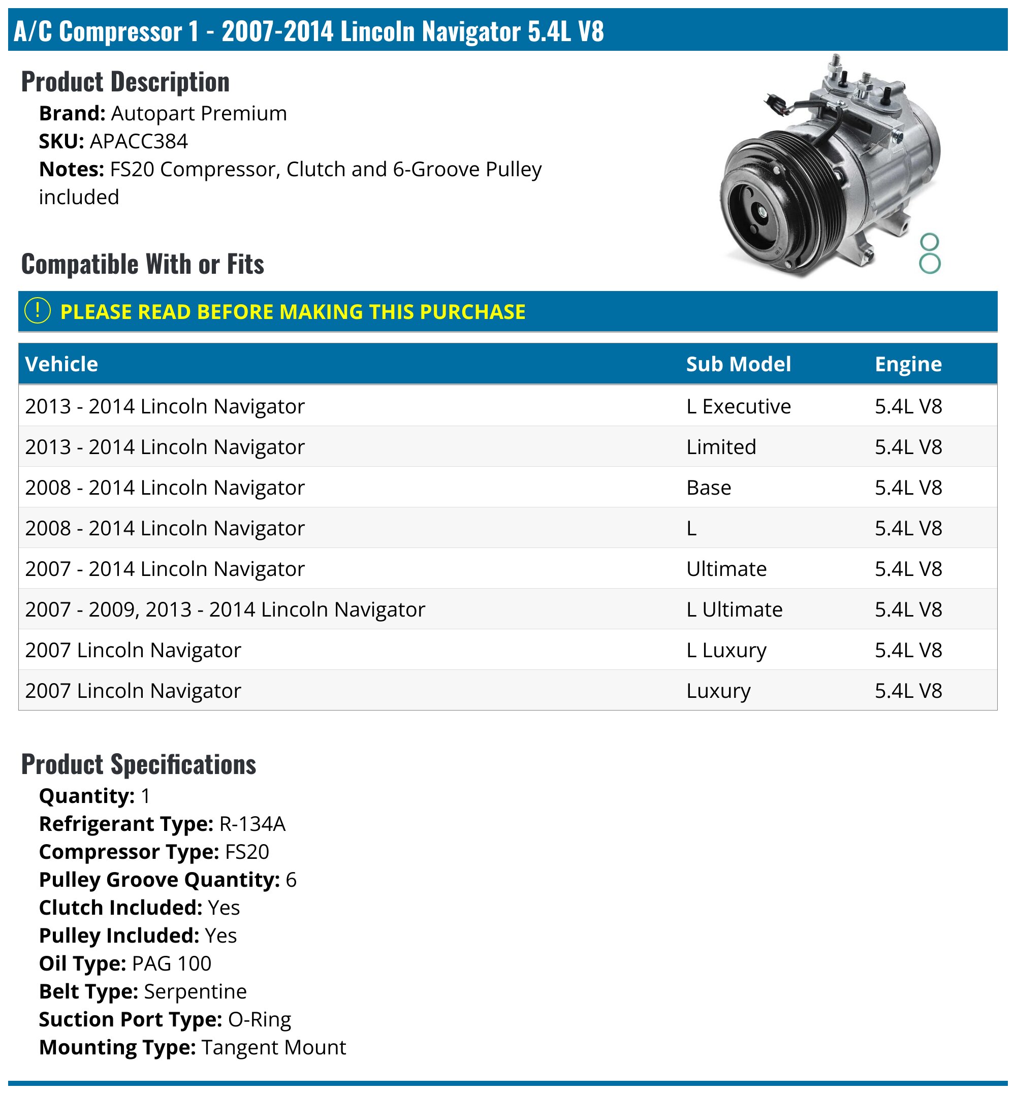 2007-2014 Lincoln Navigator A/C Compressor - Autopart Premium APACC384 ...
