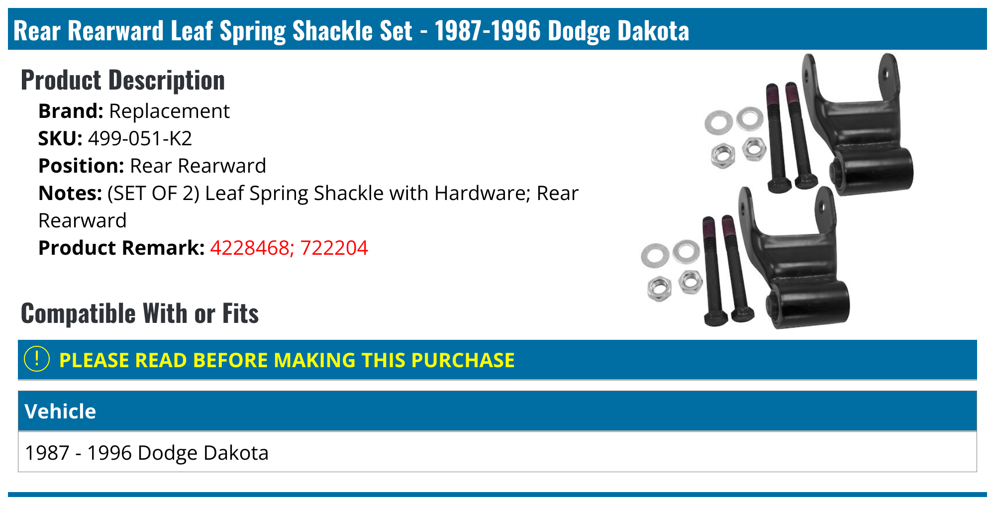 1987-1996 Dodge Dakota Leaf Spring Shackle - Replacement 499-051-K2 ...