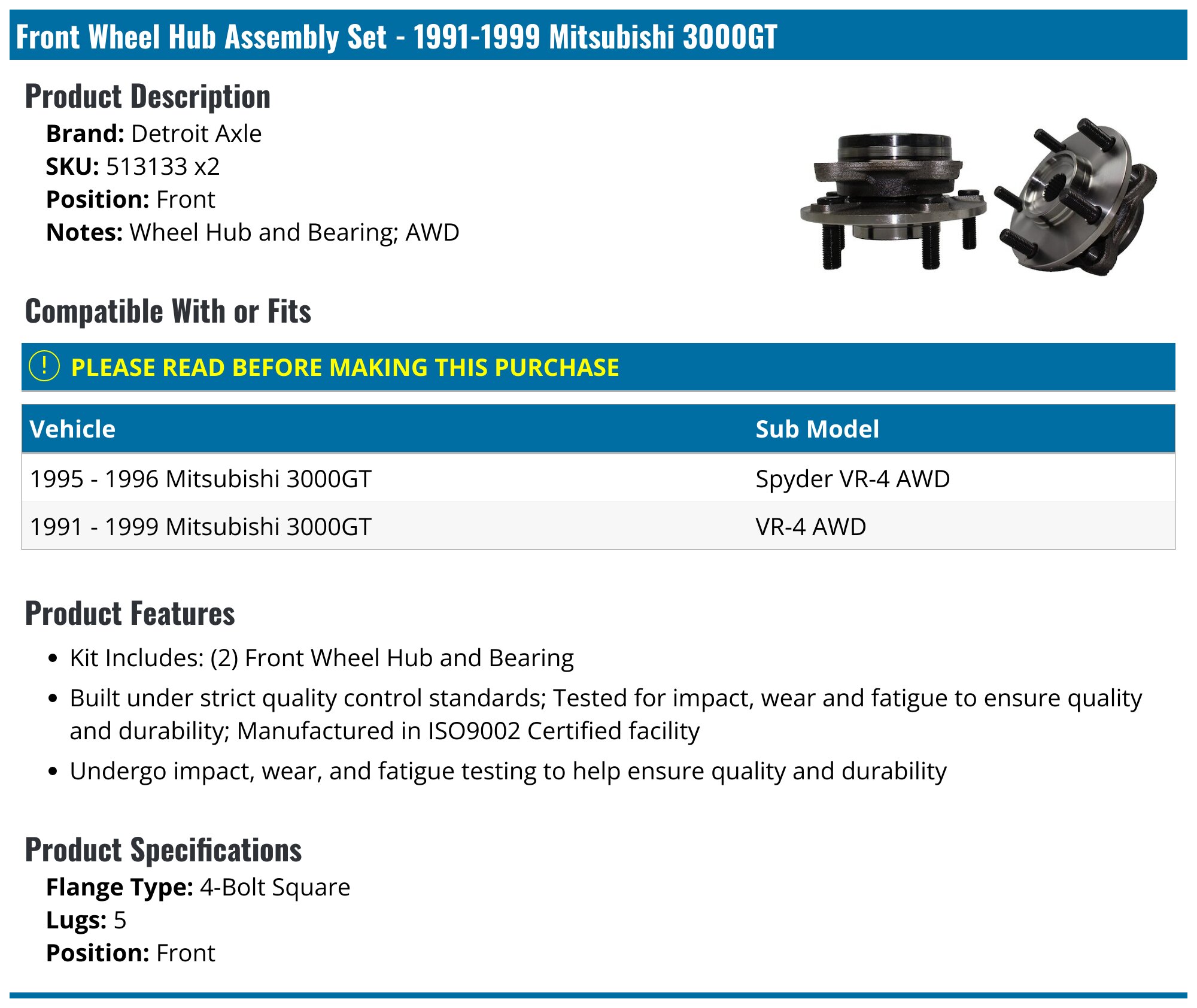 1991-1999 Mitsubishi 3000GT Wheel Hub Assembly - Detroit Axle 513133 x2 ...
