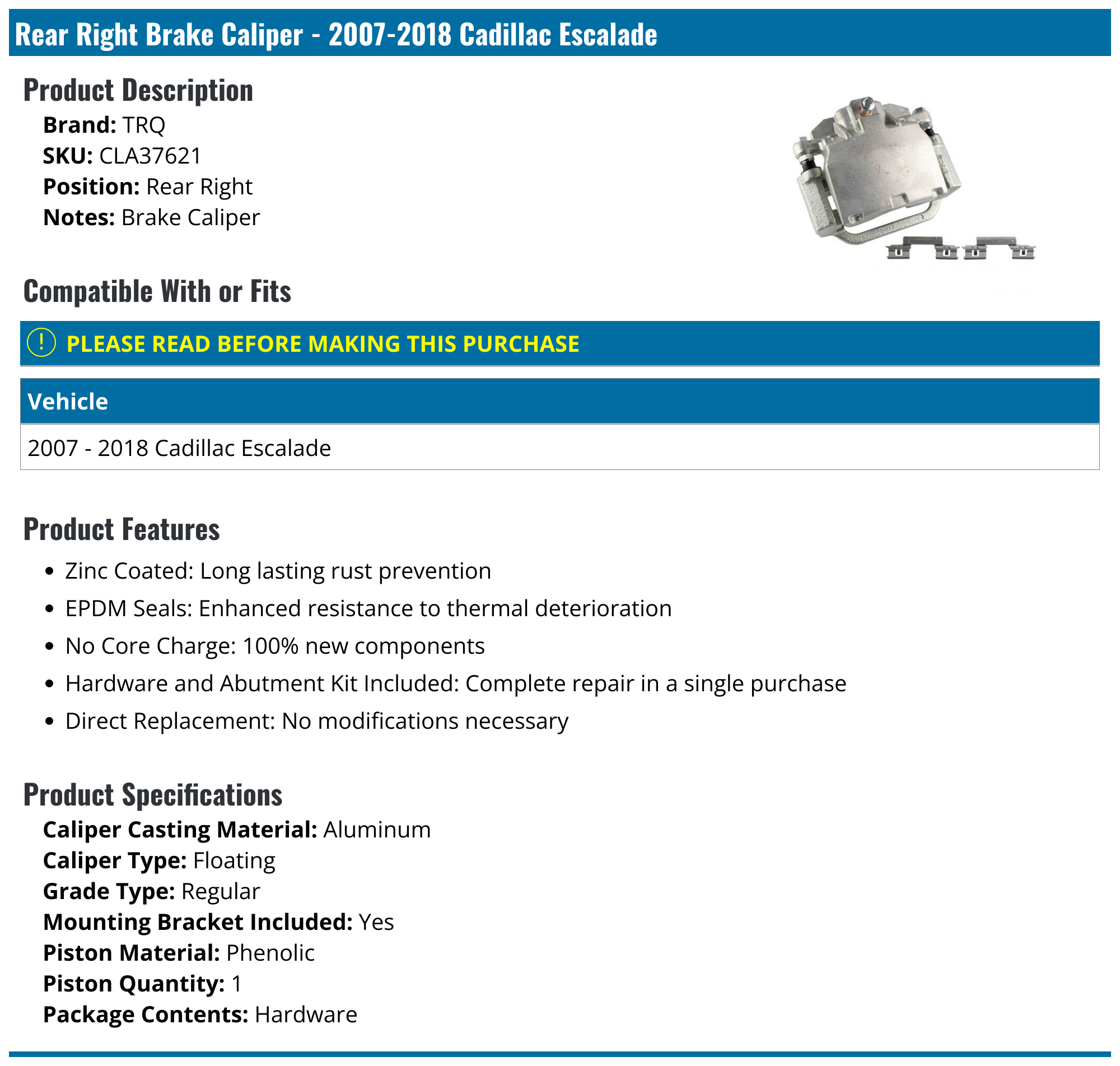 2007-2020 Cadillac Escalade Brake Caliper - TRQ CLA37621 - Rear Right ...