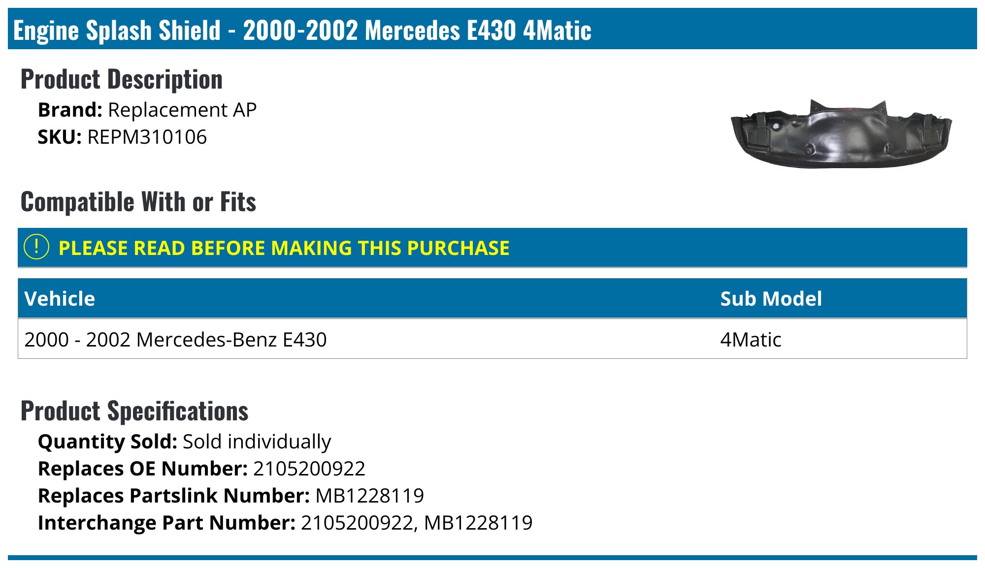 2000-2002 Mercedes E430 Lower Engine Cover - Replacement AP REPM310106 ...
