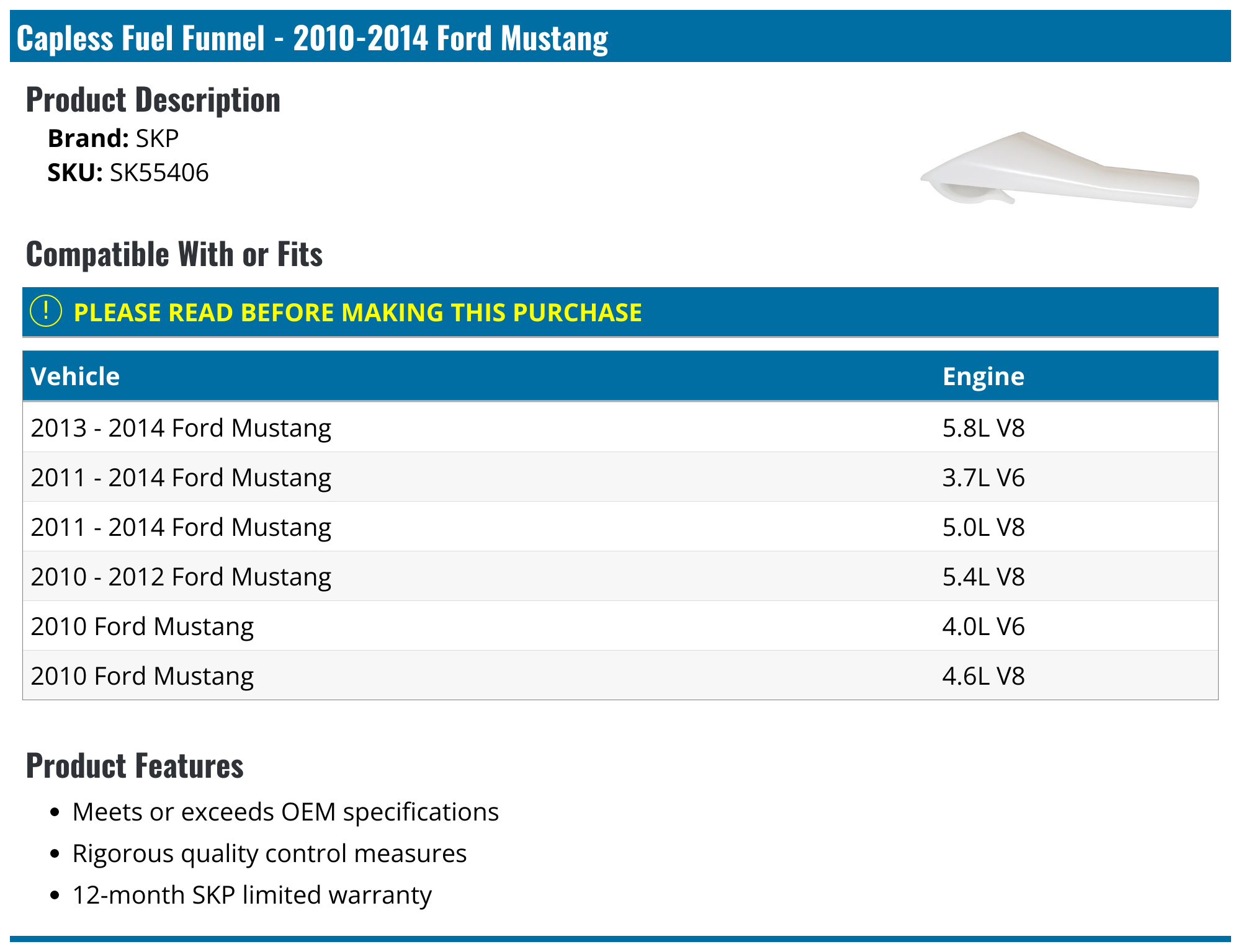 2010-2014 Ford Mustang Capless Fuel Funnel - SKP SK55406 - - PartsGeek.com