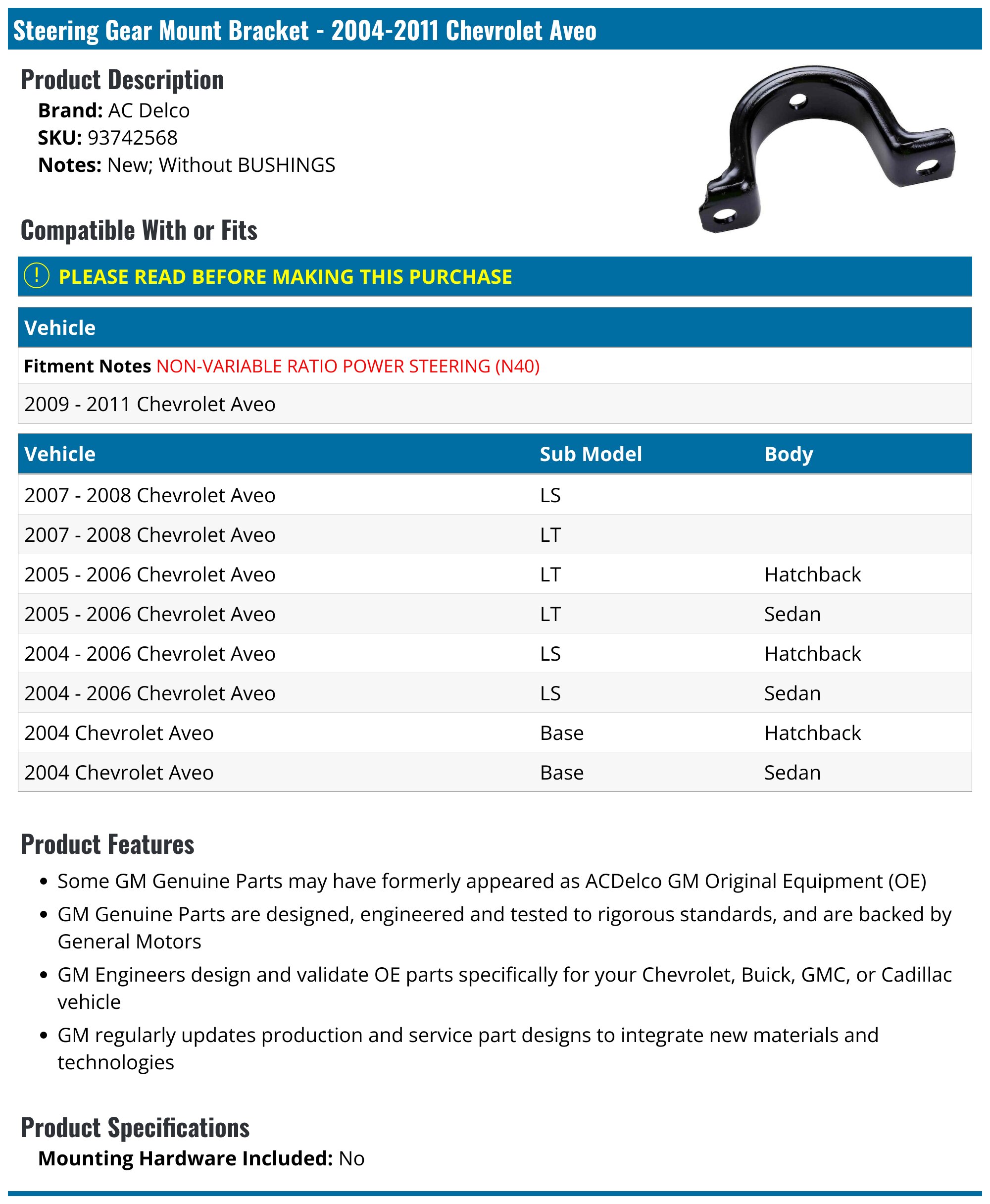2004-2011 Chevrolet Aveo Steering Gear Mount Bracket - AC Delco ...