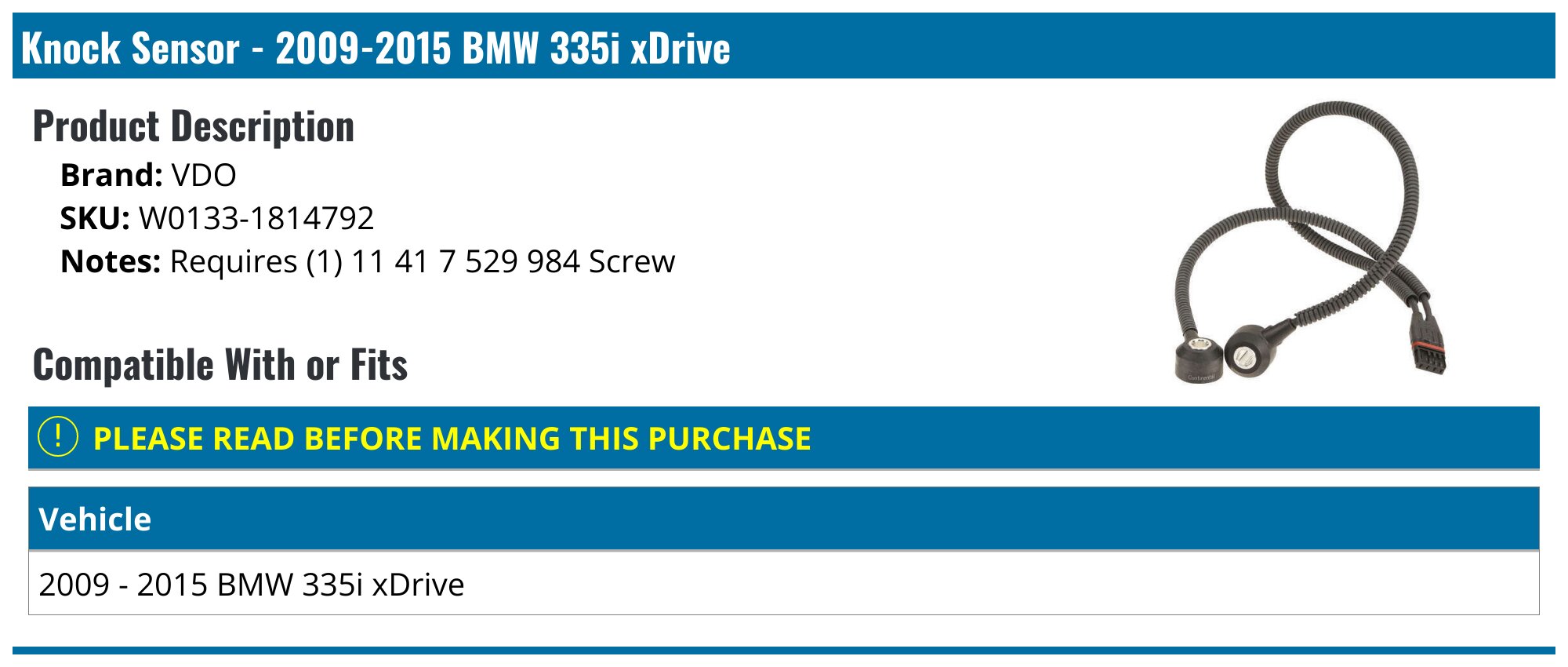 2009-2015 BMW 335i xDrive Knock Sensor - VDO W0133-1814792 - PartsGeek.com