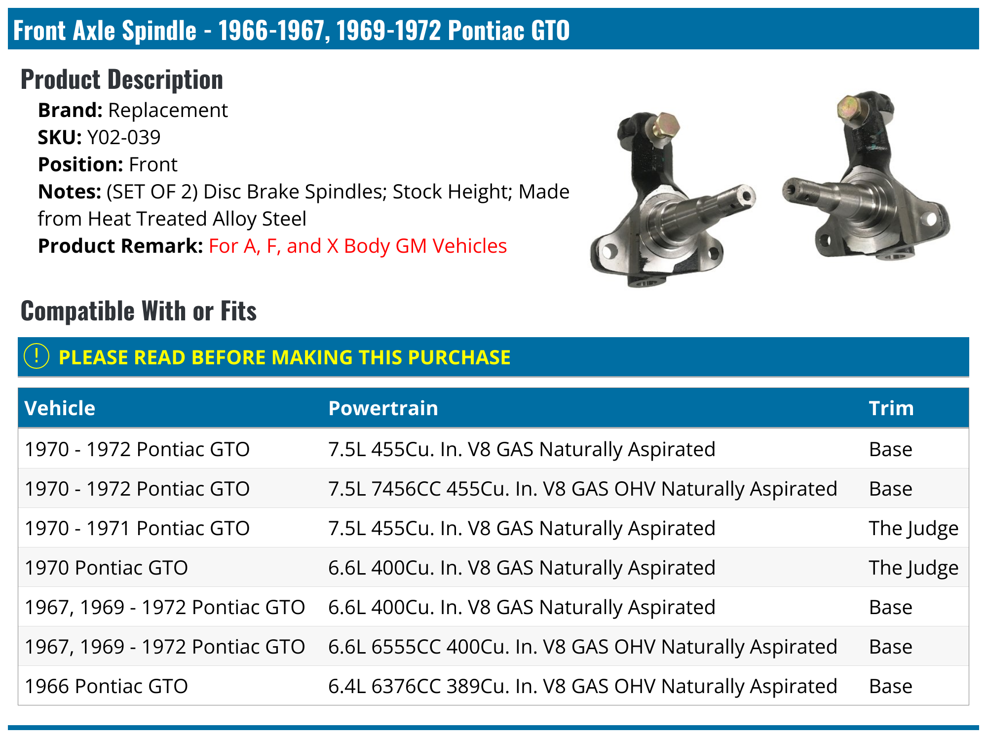 1966-1967, 1969-1972 Pontiac GTO Axle Spindle - Replacement Y02-039 ...