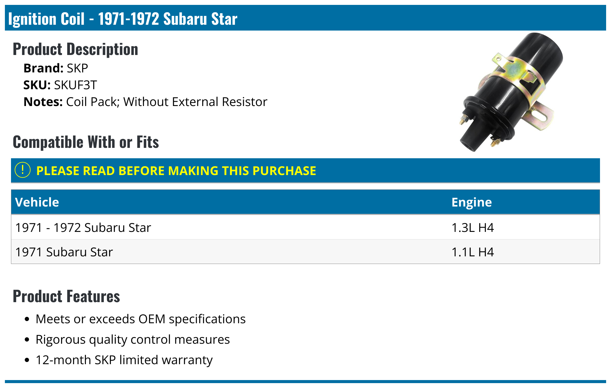 1971-1972 Subaru Star Ignition Coil - SKP SKUF3T - PartsGeek.com